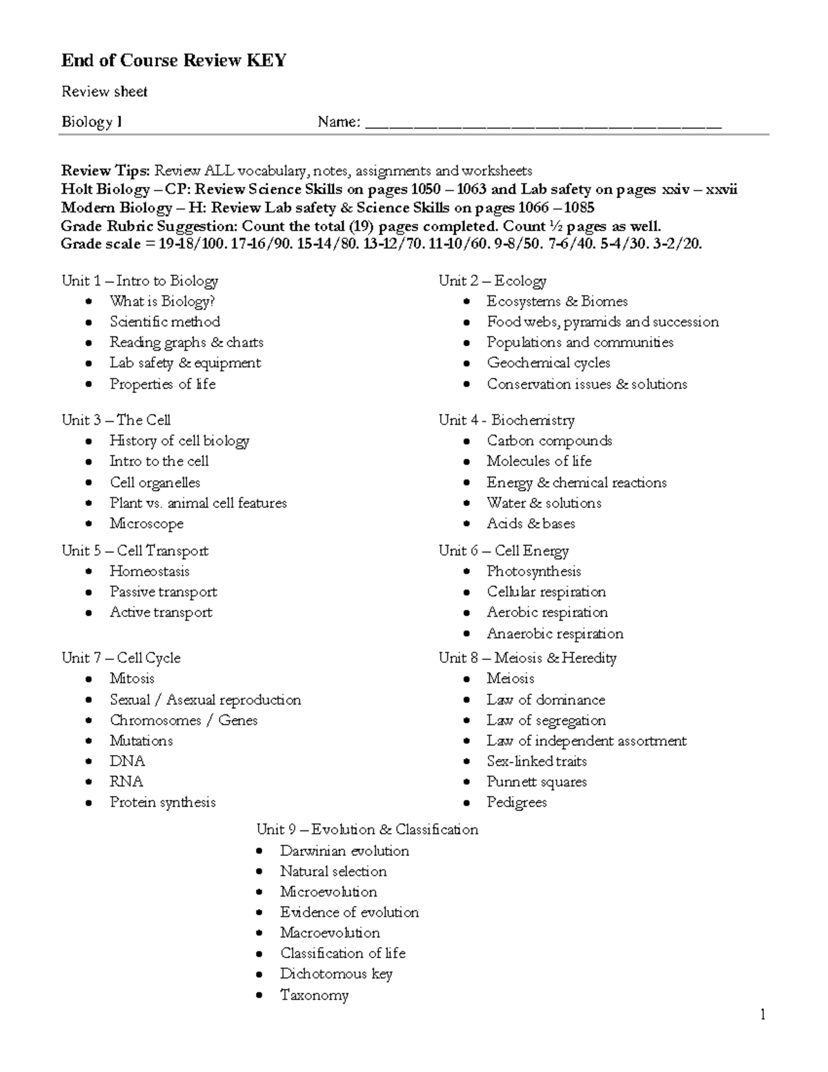 Eoc review question guide key - Review sheet Biology I Name: - Studocu