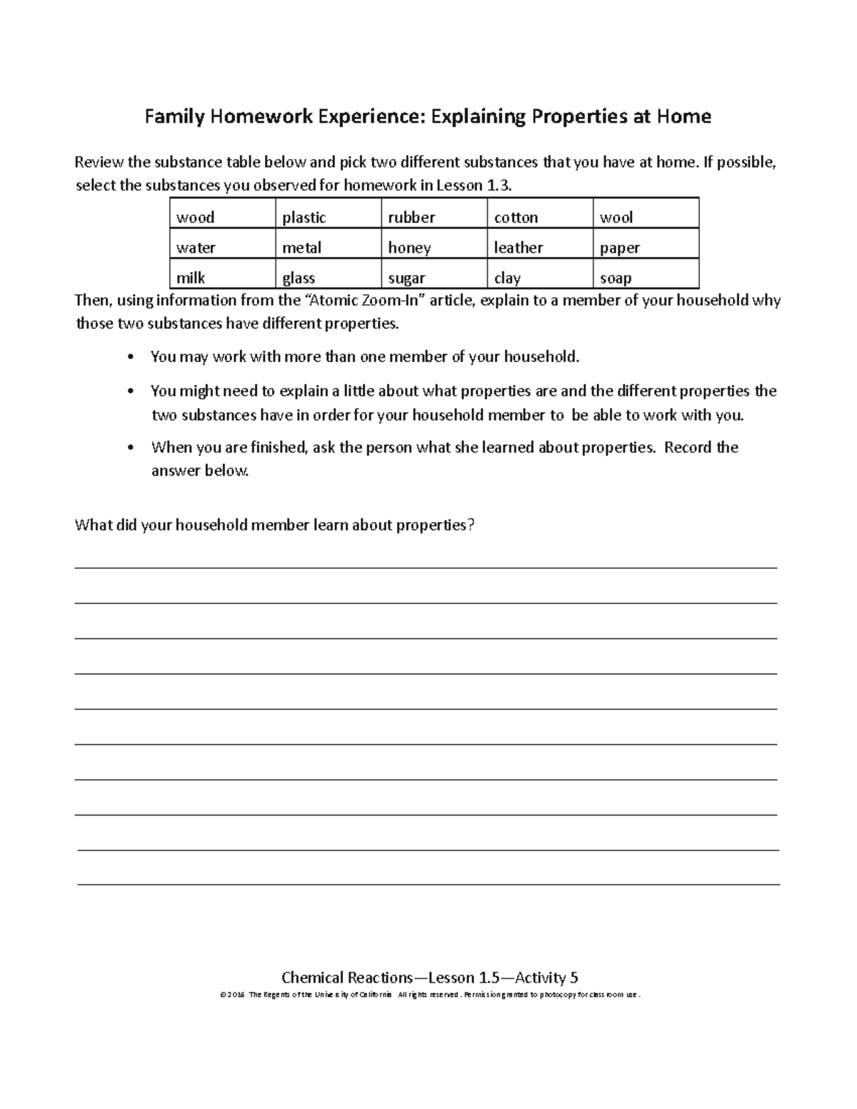 Family homework experience - If possible, select the substances you ...