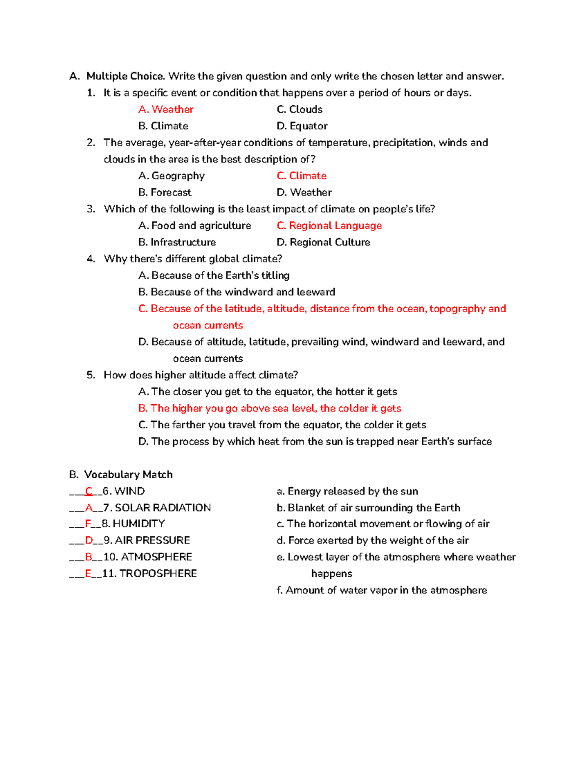 Science Questions 6 - answers - A. Multiple Choice. Write the given ...