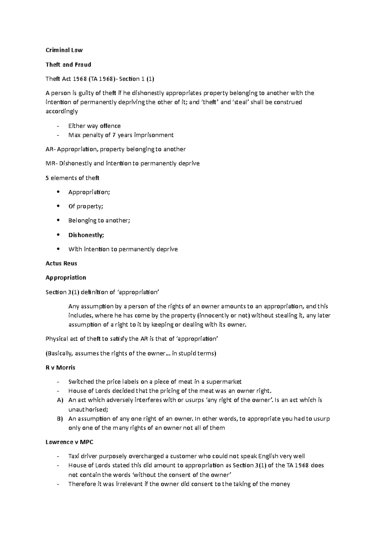 Theft and Fraud - notes - Criminal Law Theft and Fraud Theft Act 1968 ...