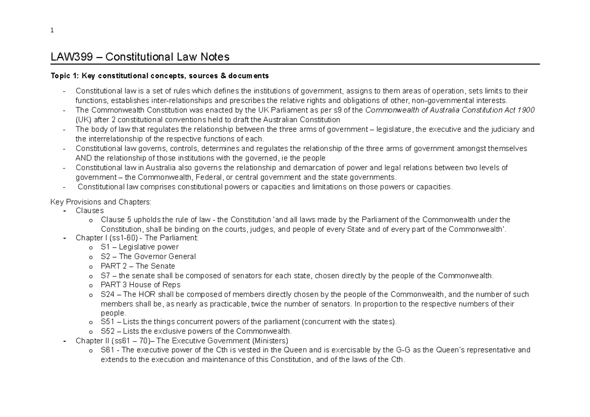 LAW399 Notes - LAW399 – Constitutional Law Notes Topic 1: Key ...