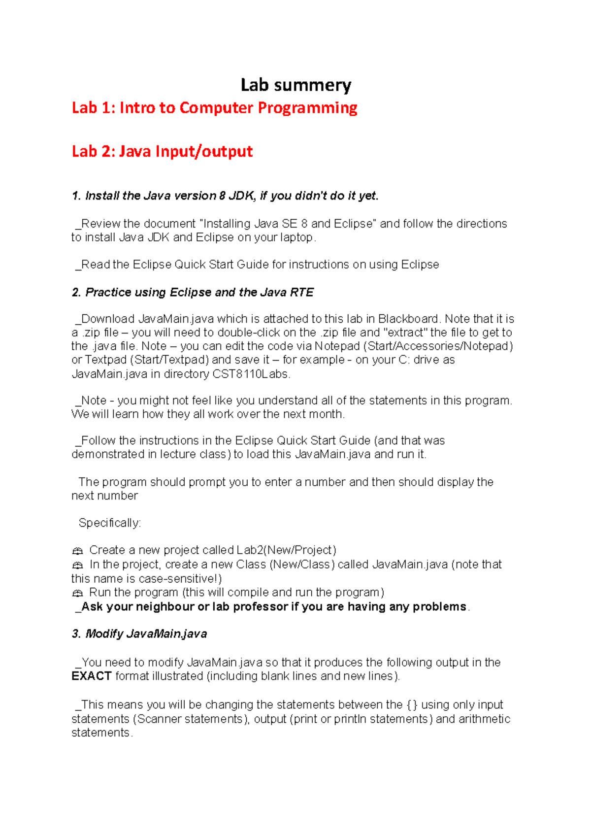Lab Summery - Lab summery Lab 1: Intro to Computer Programming Lab 2 ...