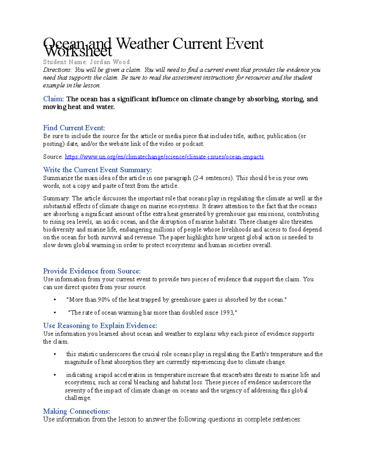 Science 4 - help - Ocean and Weather Current Event Worksheet Student ...