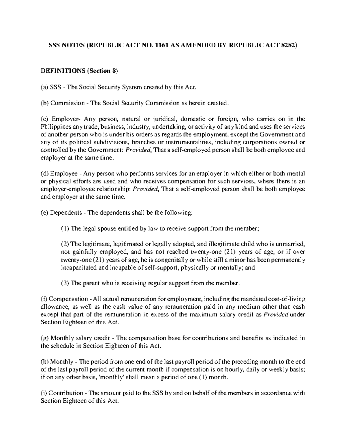 SSS - SSS - SSS NOTES (REPUBLIC ACT NO. 1161 AS AMENDED BY REPUBLIC ACT ...