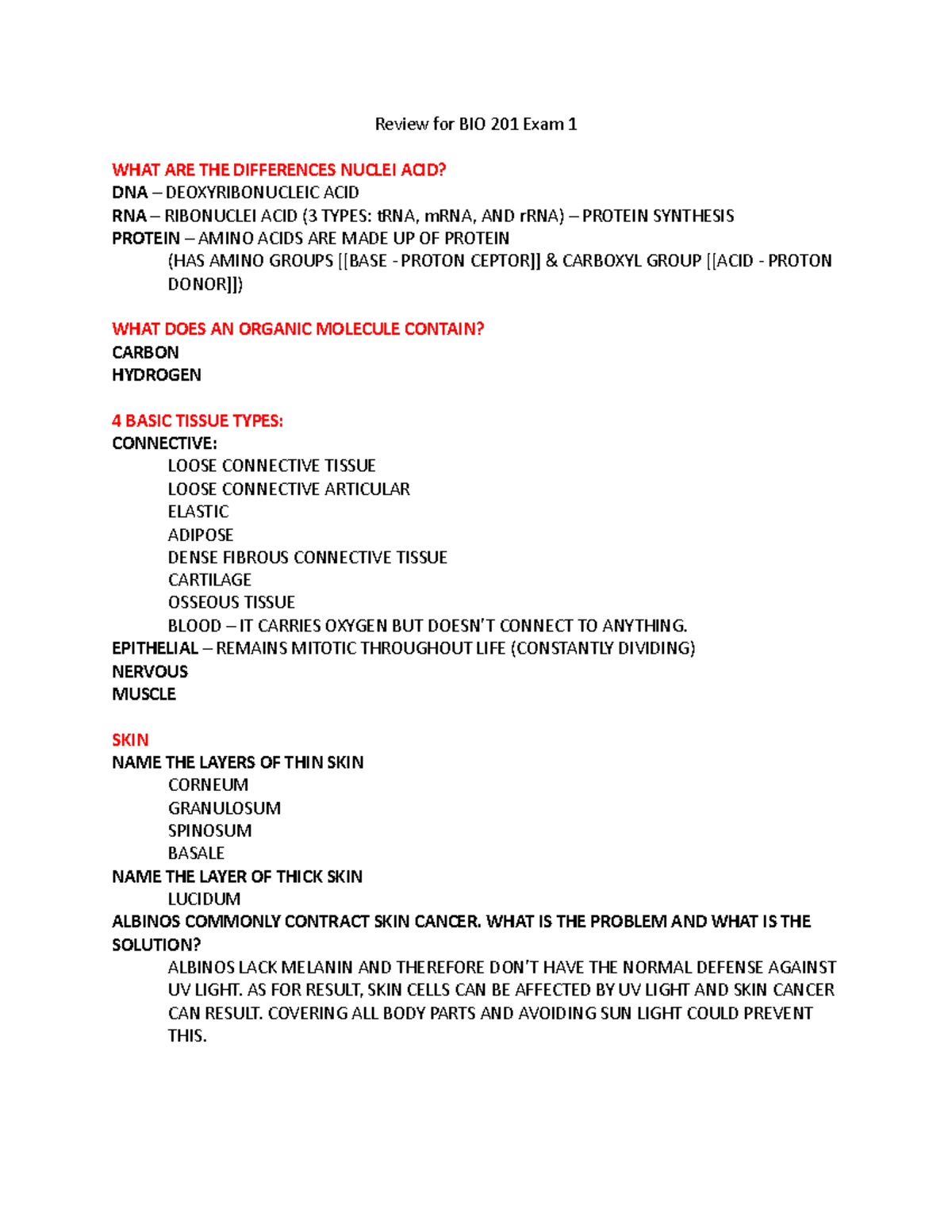 Review for BIO 201 Exam 1 - Review for BIO 201 Exam 1 WHAT ARE THE ...