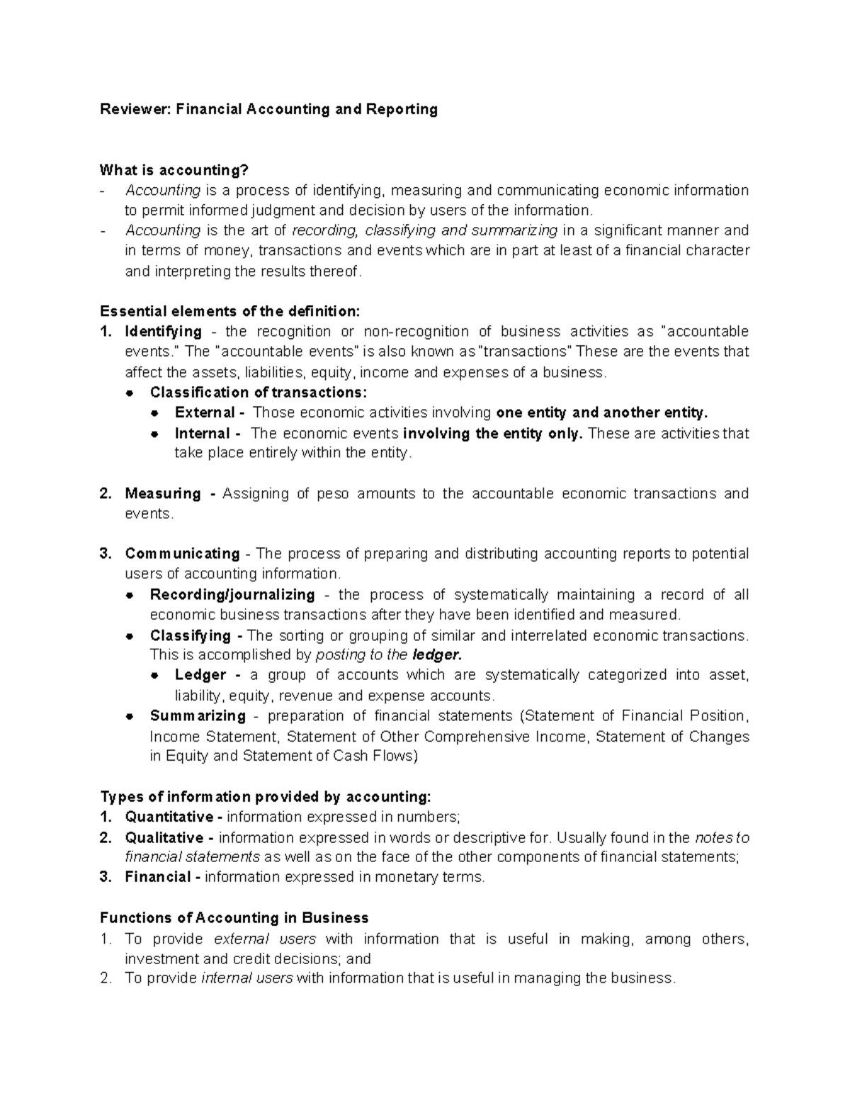 FAR - lexture notes - Reviewer: Financial Accounting and Reporting What ...