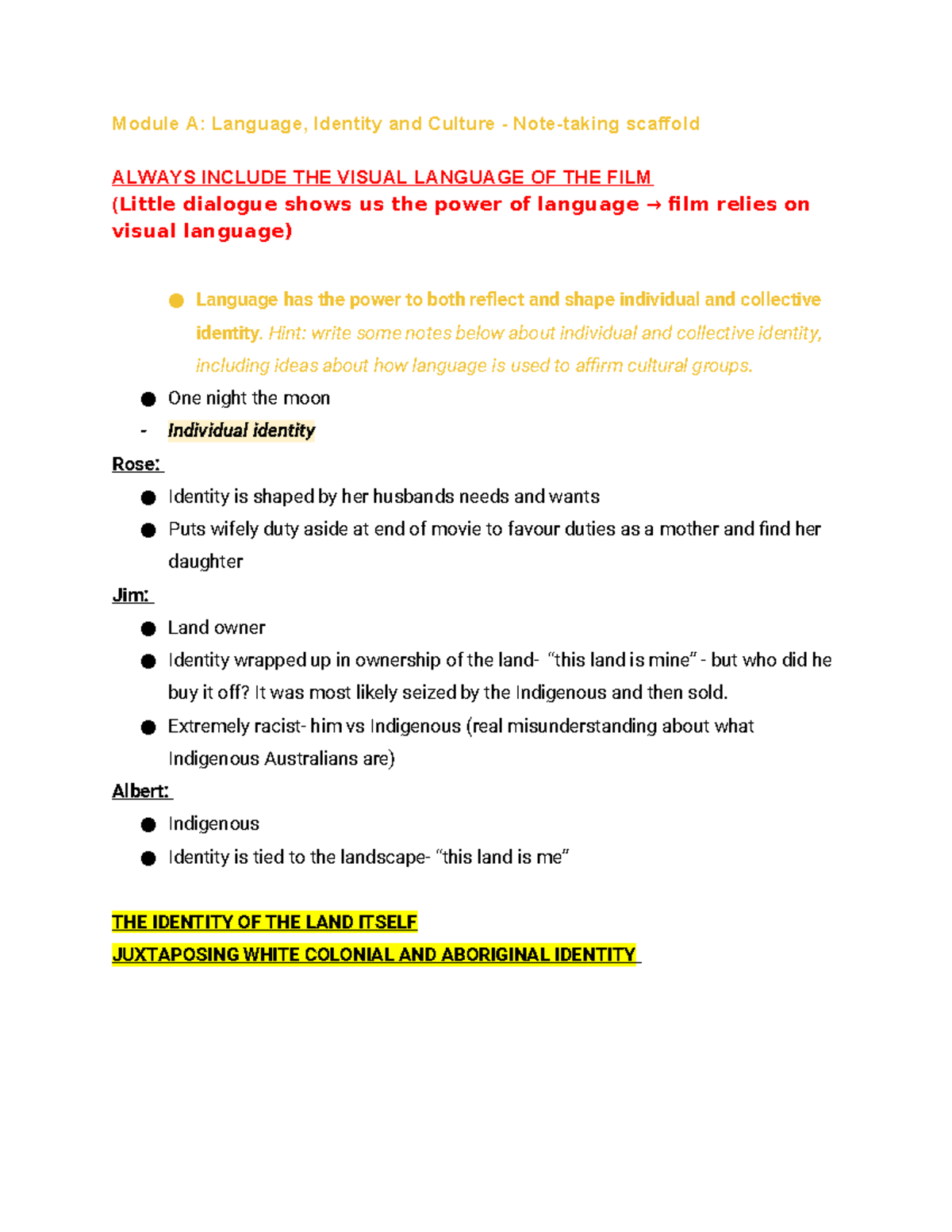 Module A Language, Identity and Culture - Note-taking scaffold - Hint ...