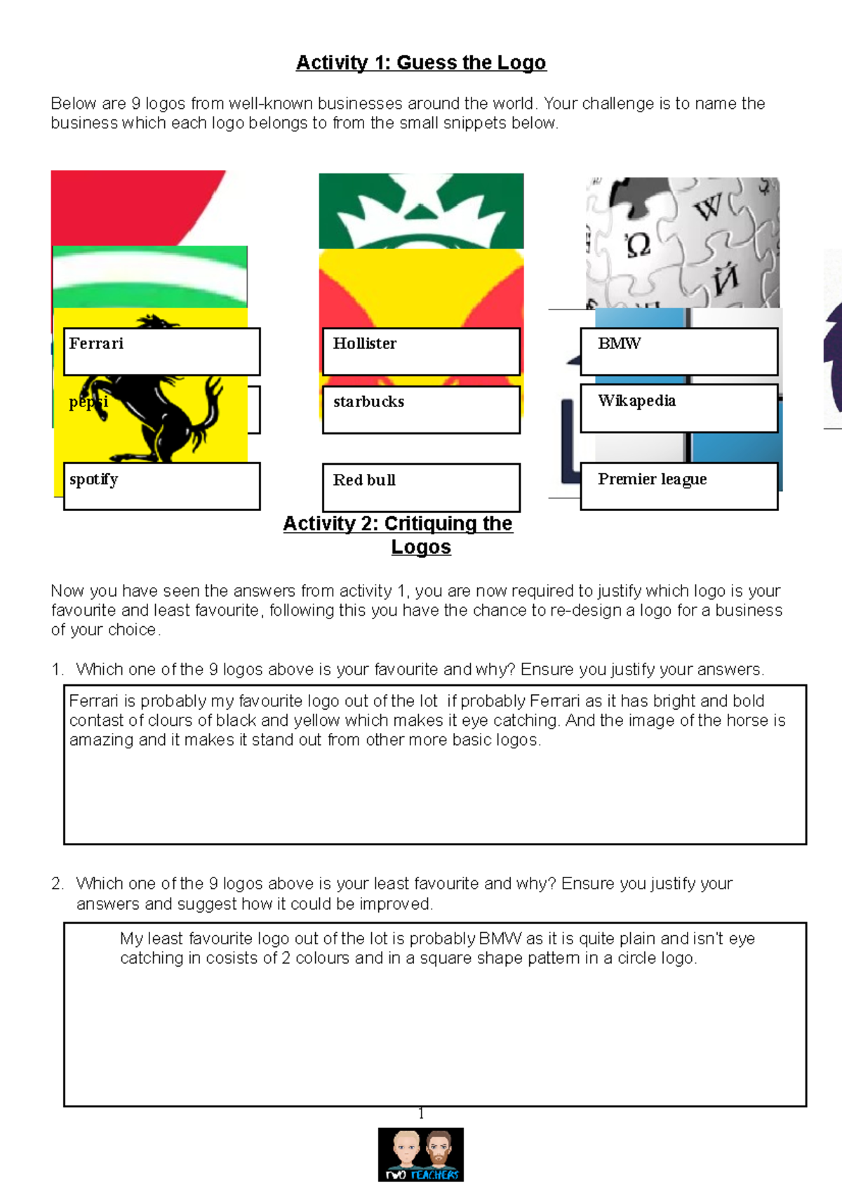 Business Studies Induction Activities - Logos, Slogans & Facts ...