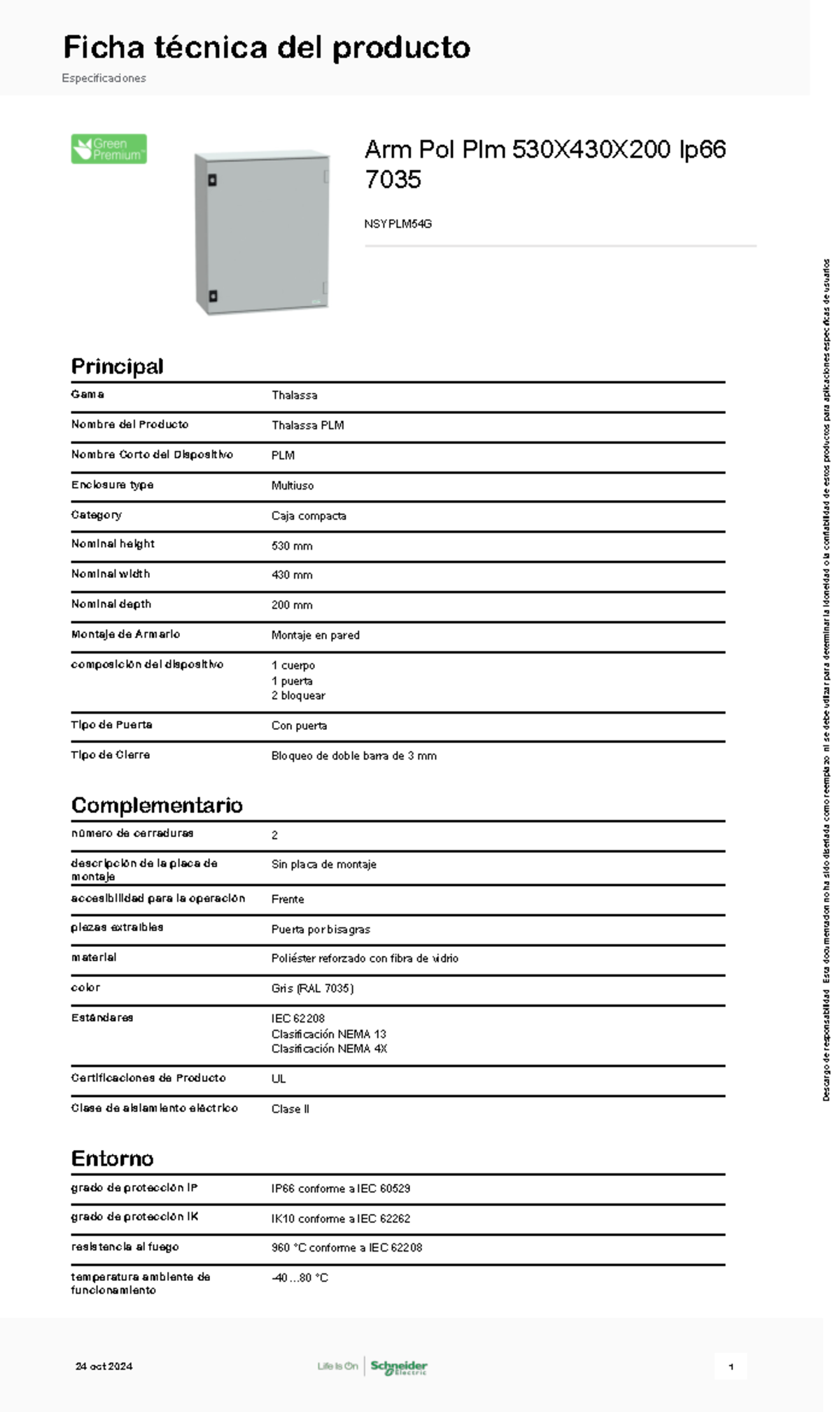 Schneider Electric Thalassa-PLM Nsyplm 54G - Arm Pol Plm 530X430X200 Ip 7035 NSYPLM54G Principal ...