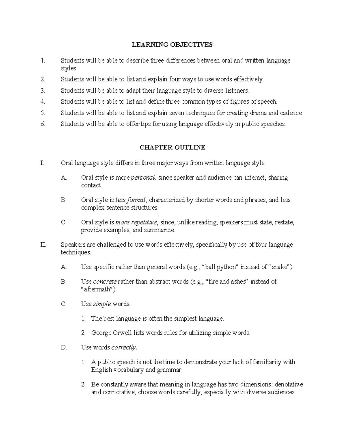 Notes Ch. 12 Public Speaking - LEARNING OBJECTIVES Students will be ...