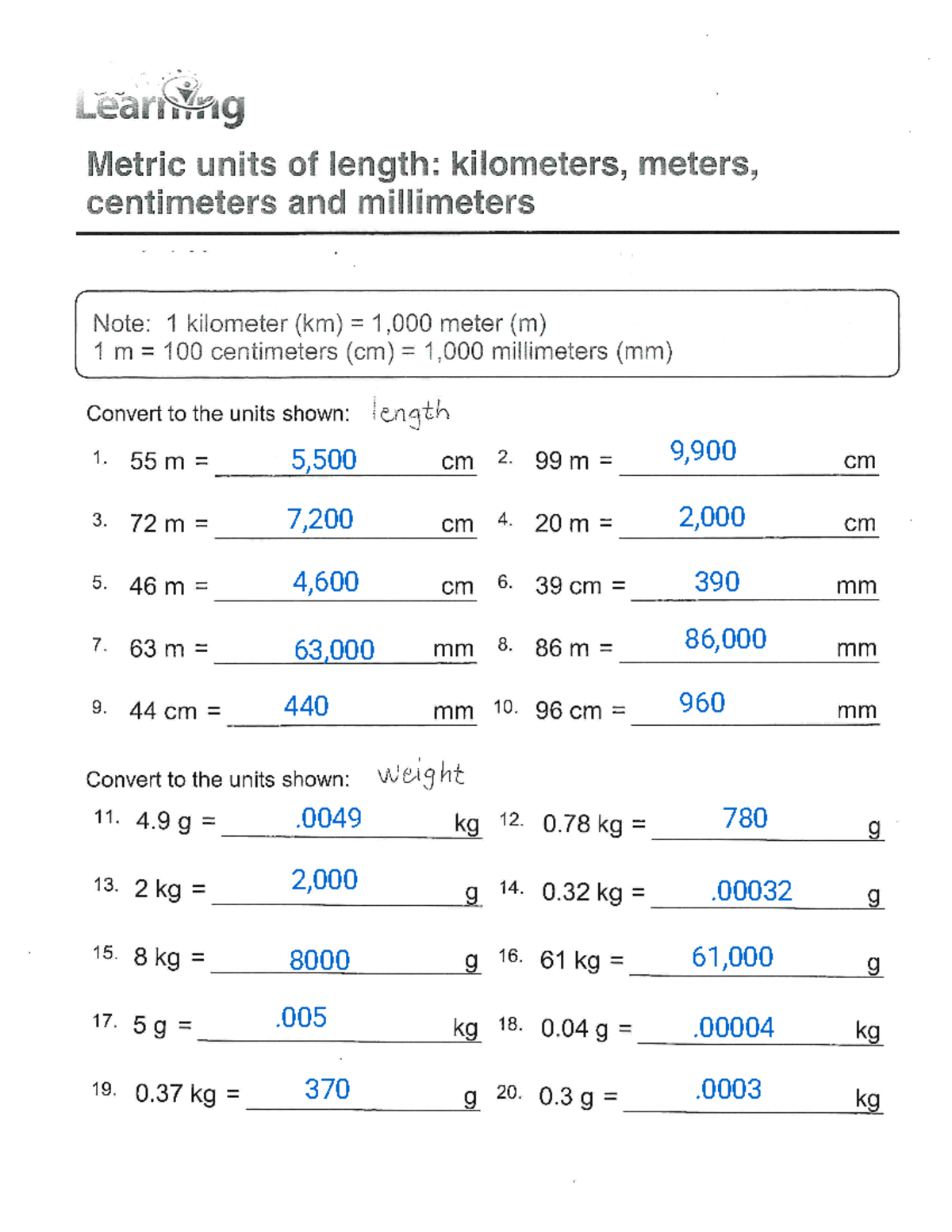 Biology Worksheets - Metric units of length: kilometers, meters ...