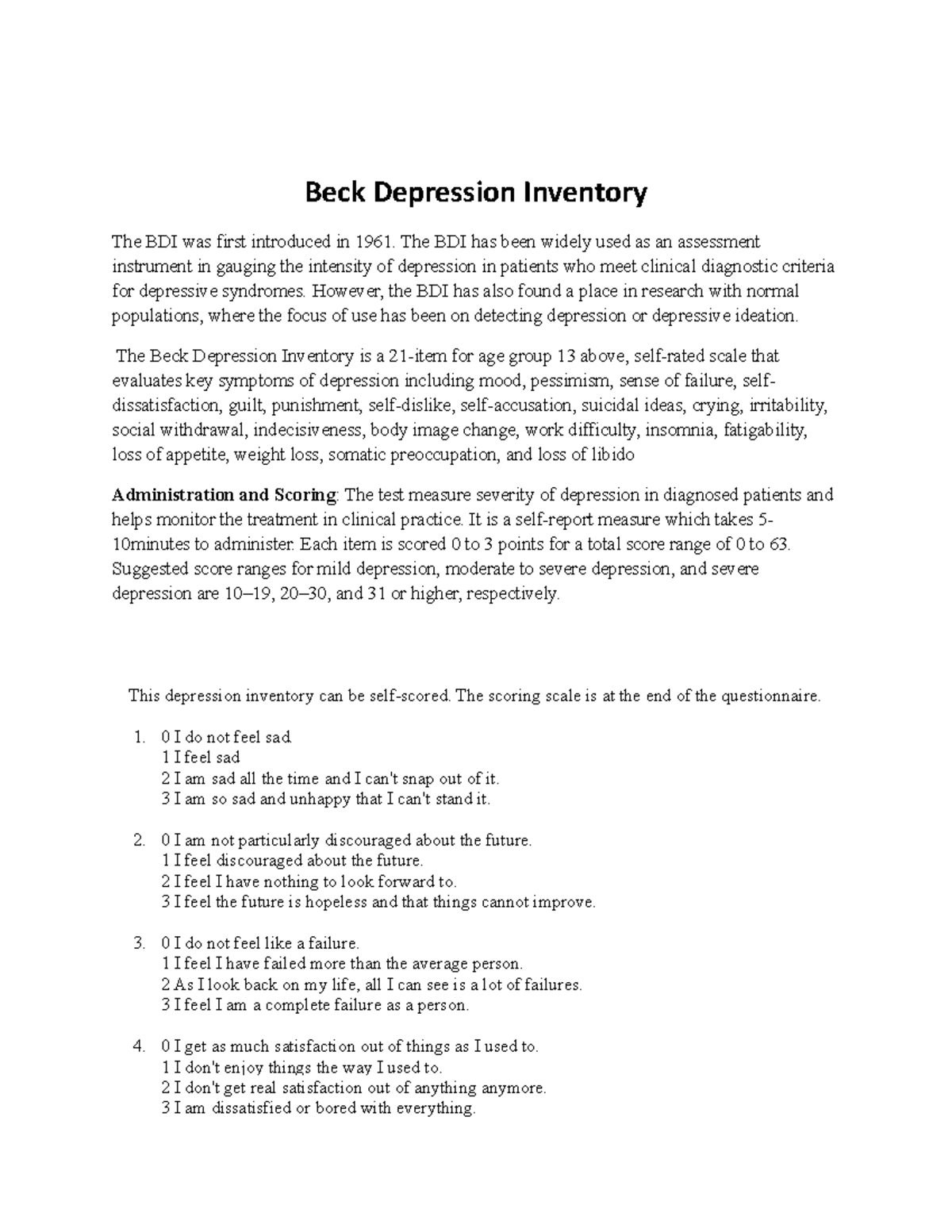 BDI - The BDI has been widely used as an assessment instrument in ...