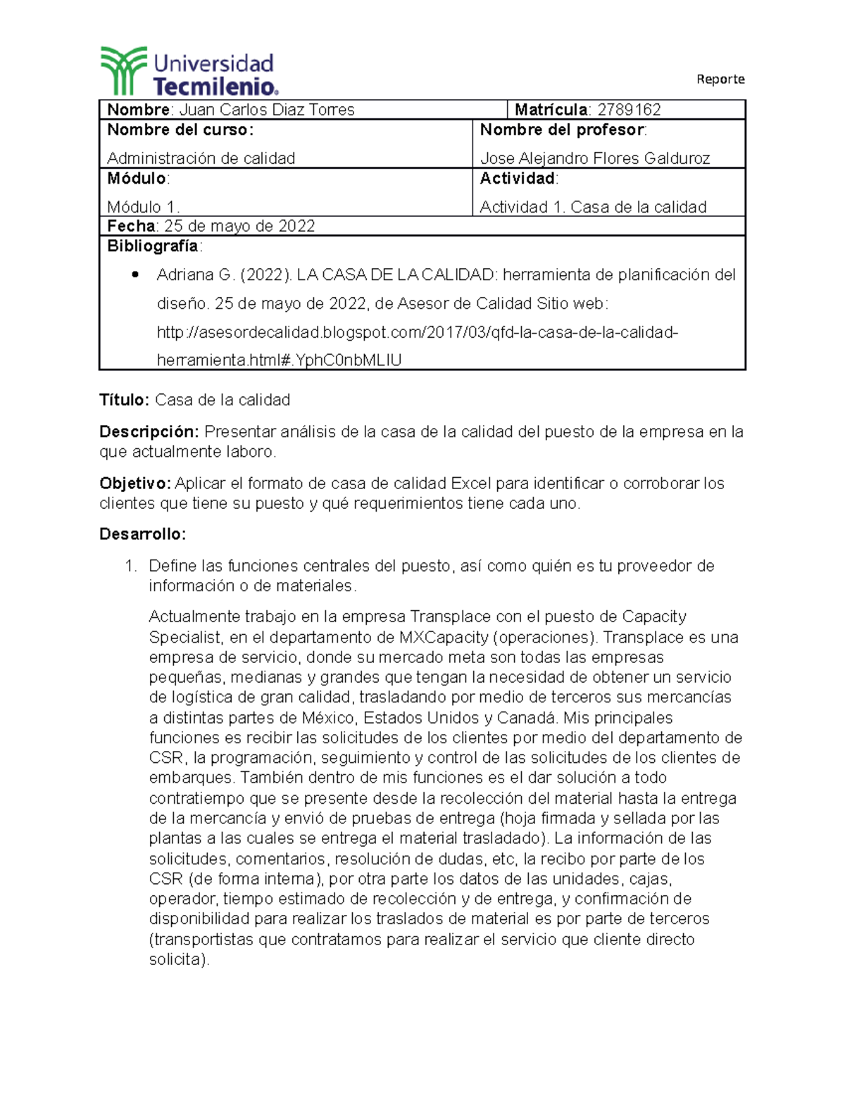 Actividad 1. Administración DE Calidad - Reporte Nombre : Juan Carlos ...