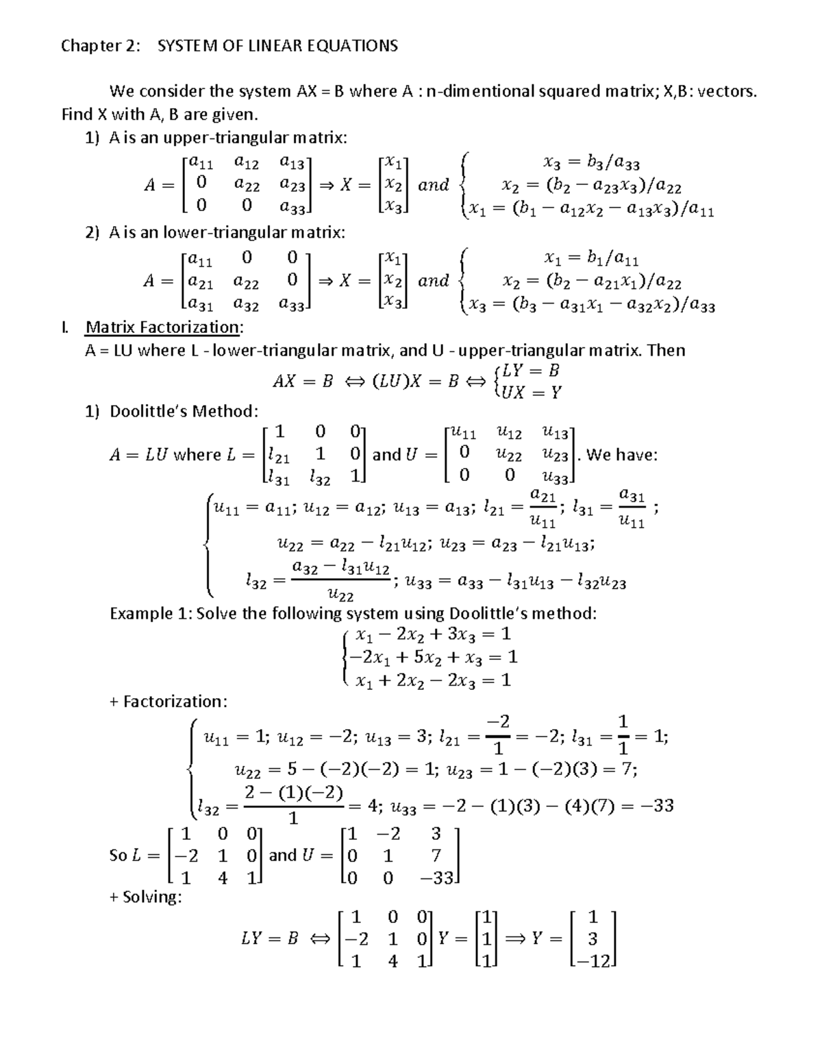 Chapter 2 Doolittle Method - Chapter 2: SYSTEM OF LINEAR EQUATIONS We ...