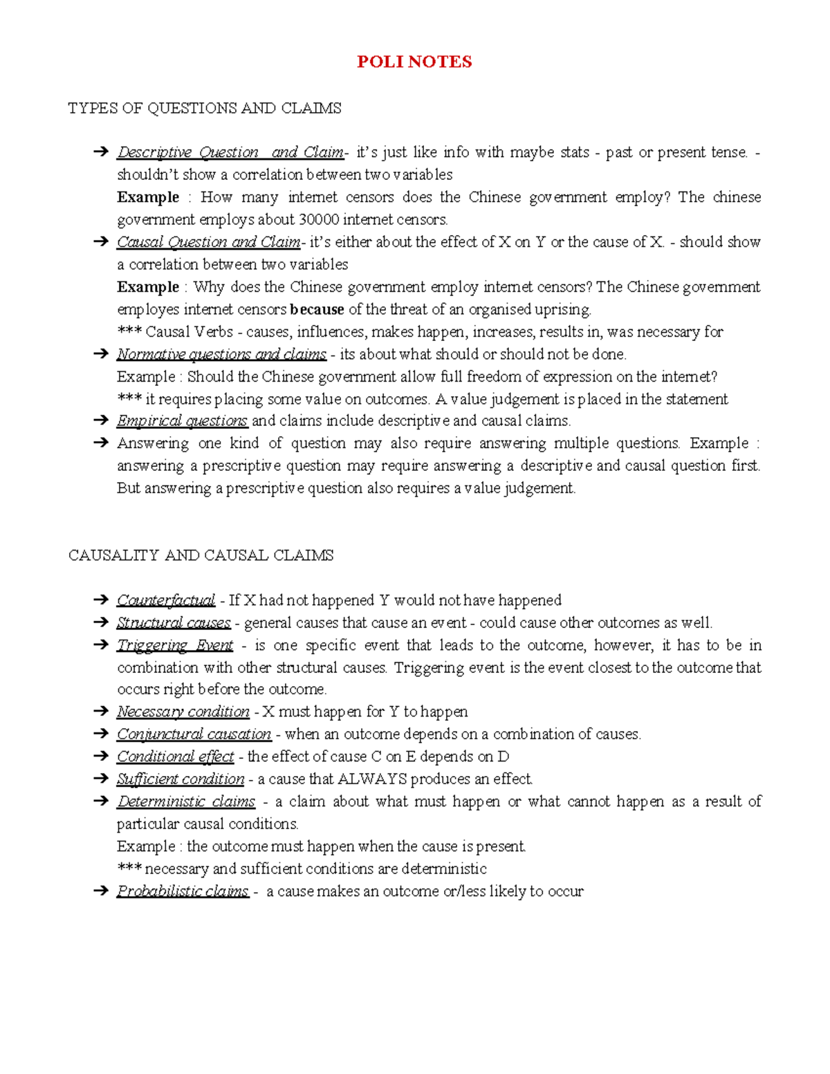 Poli notes - POLI NOTES TYPES OF QUESTIONS AND CLAIMS Descriptive ...