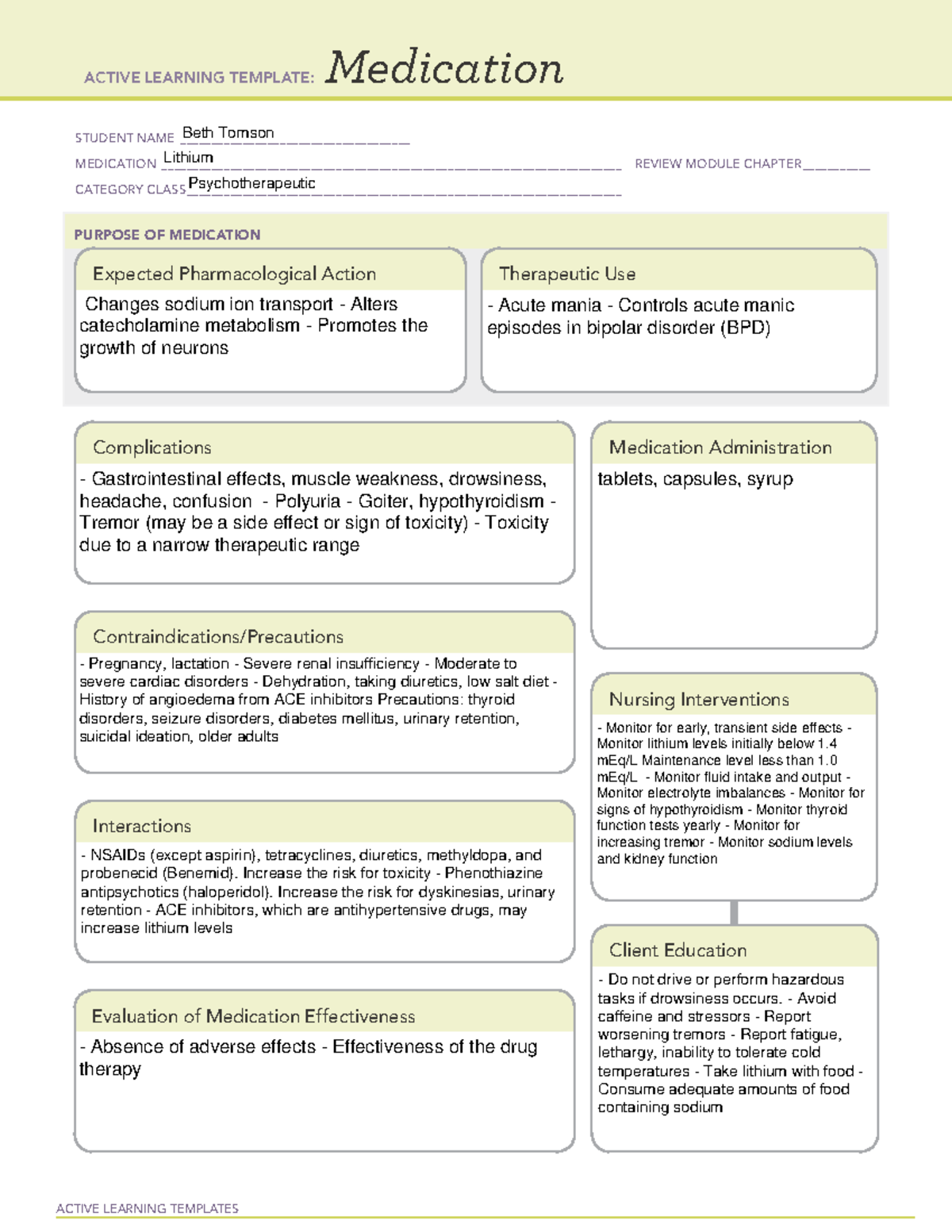 June3-3 - Lithium - ACTIVE LEARNING TEMPLATES Medication STUDENT NAME ...