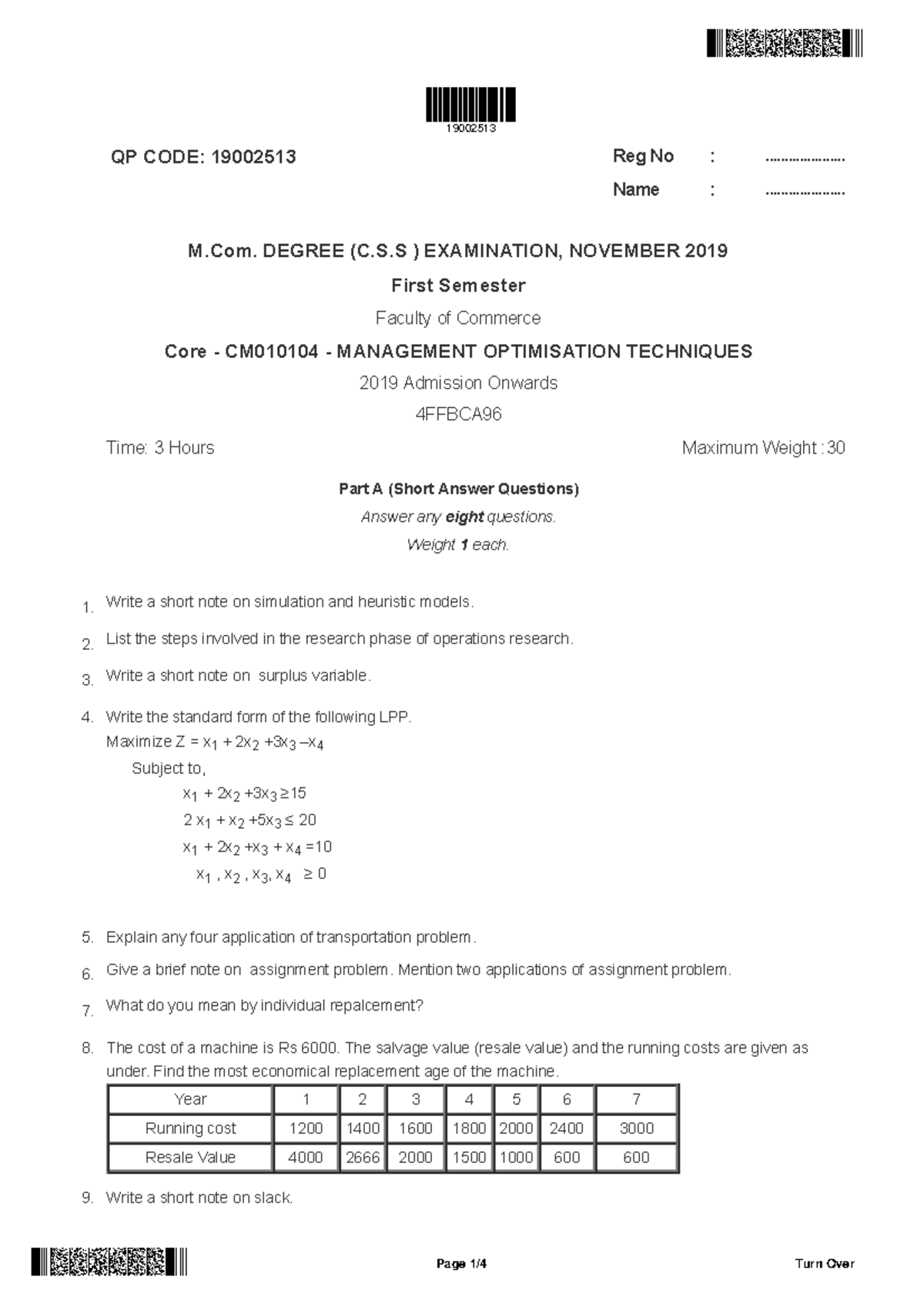 Management Optimisation Techniques 2019 min - QP CODE: 19002513 Reg No ...