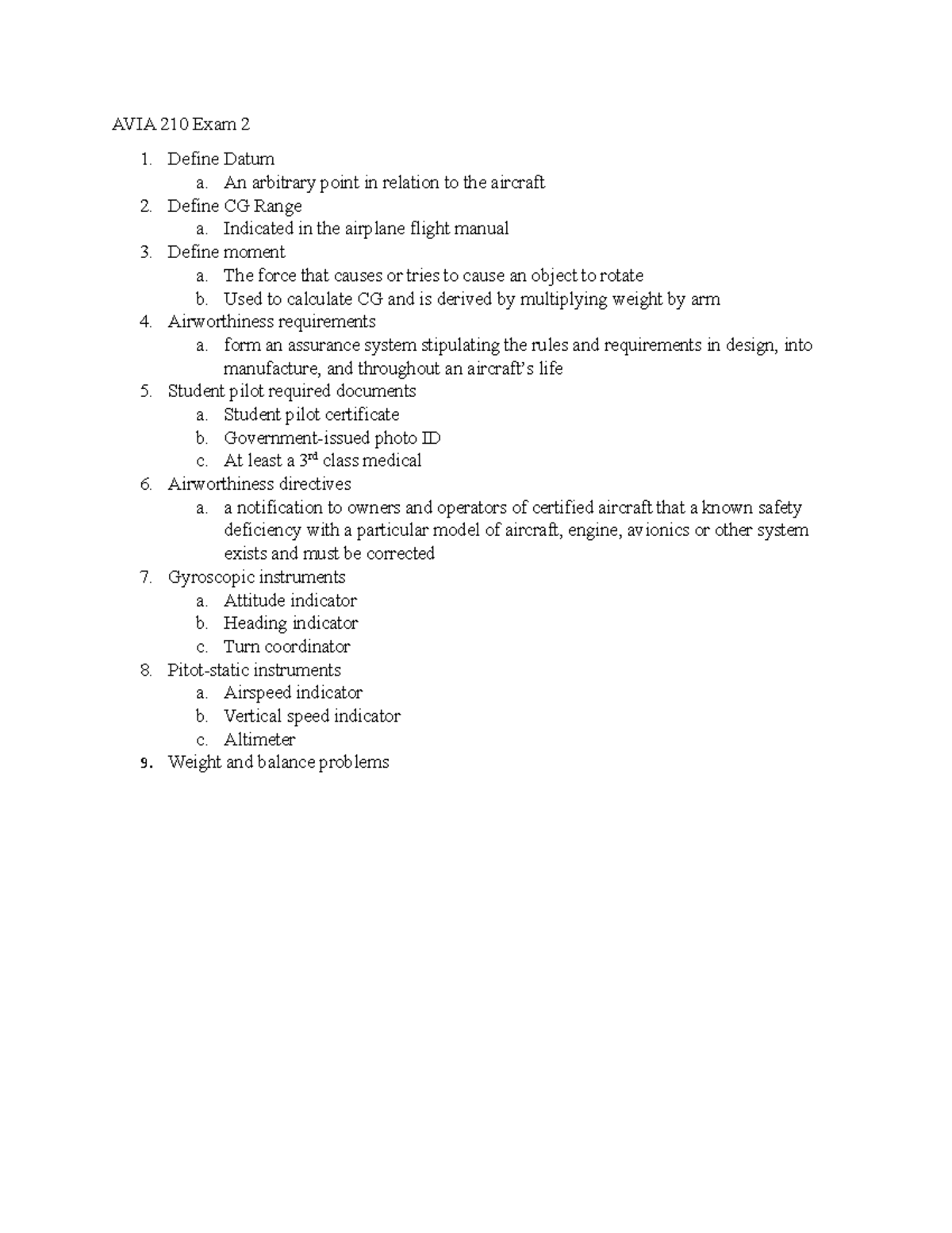 AVIA 210 Exam 2 - Exam 2 study guide - AVIA 210 Exam 2 Define Datum a ...
