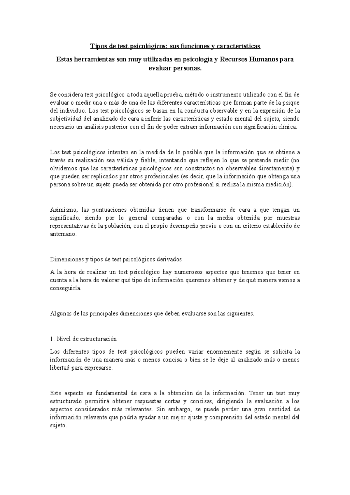 Tipos de test psicológicos - Se considera test psicológico a toda ...