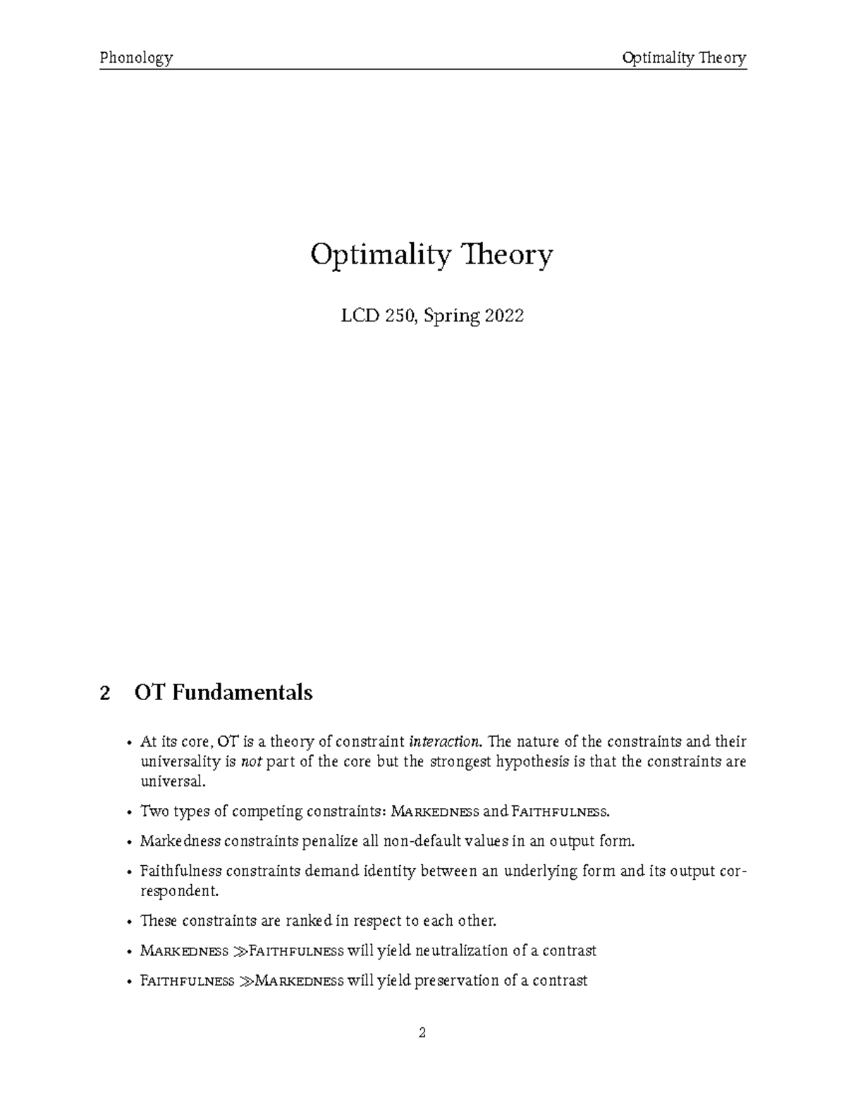 OT corrected - Optimality Theory handout: LCD 250 Phonology Spring 2022 ...