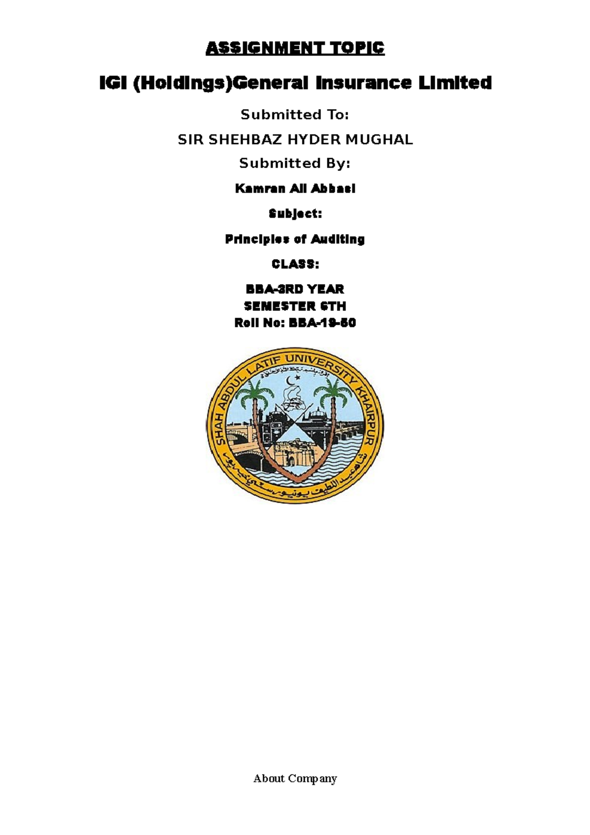 IGI LIFE Insurance Auditing Assignment - ASSIGNMENT TOPIC IGI (Holdings ...