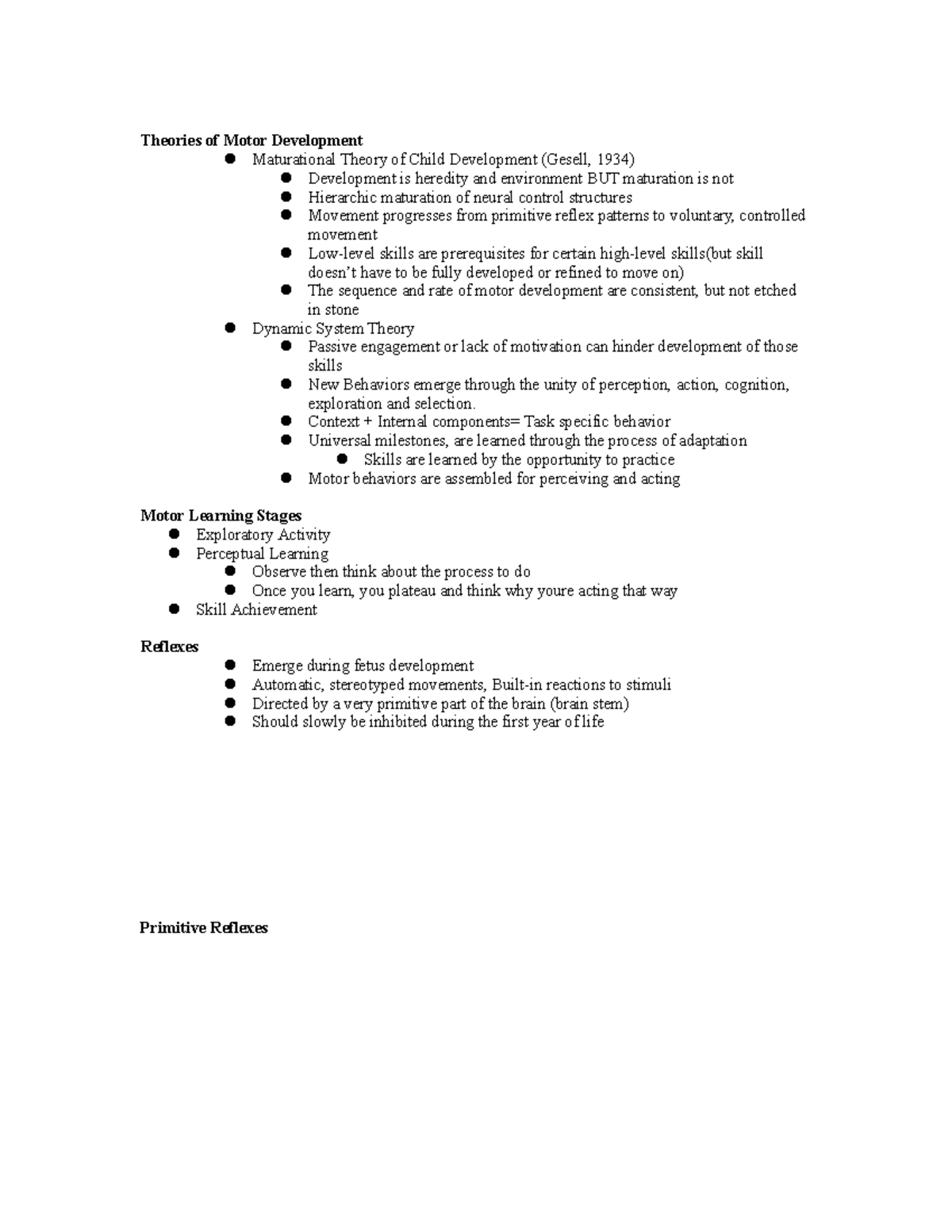 Developmental Midterm - Theories of Motor Development Maturational ...