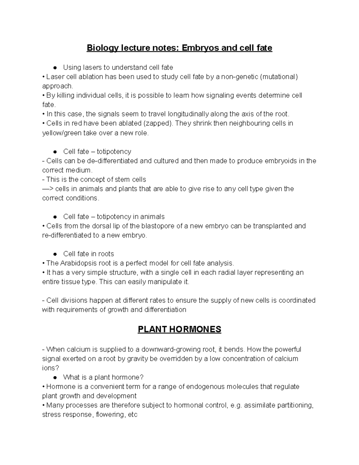 Biology Lecture Notes: Embryos and Cell Fate - Studocu