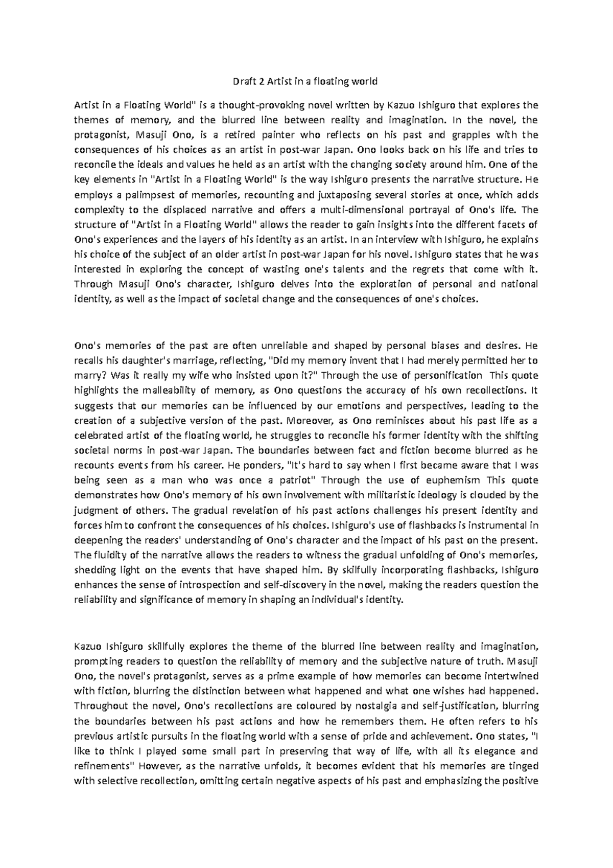 Draft 2 Artist in a floating world - In the novel, the protagonist ...