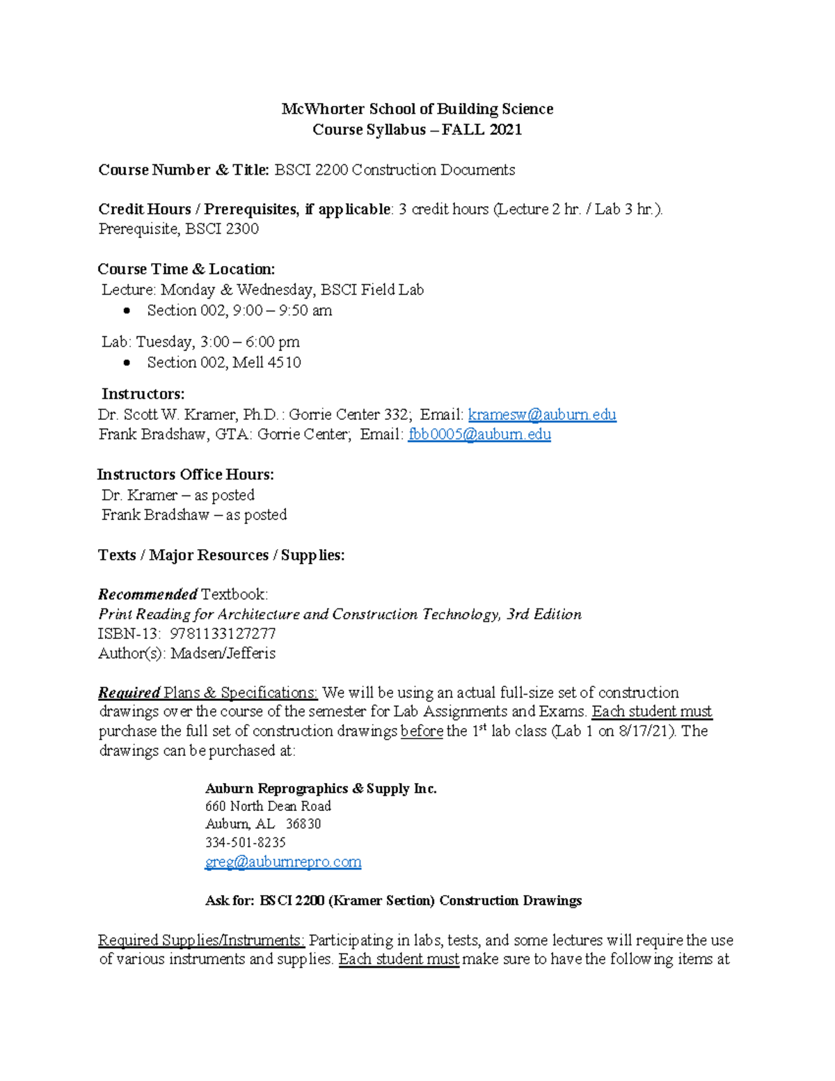 Kramer - BSCI 2200-002 - Syllabus FALL 2021 (MTW) - McWhorter School of ...