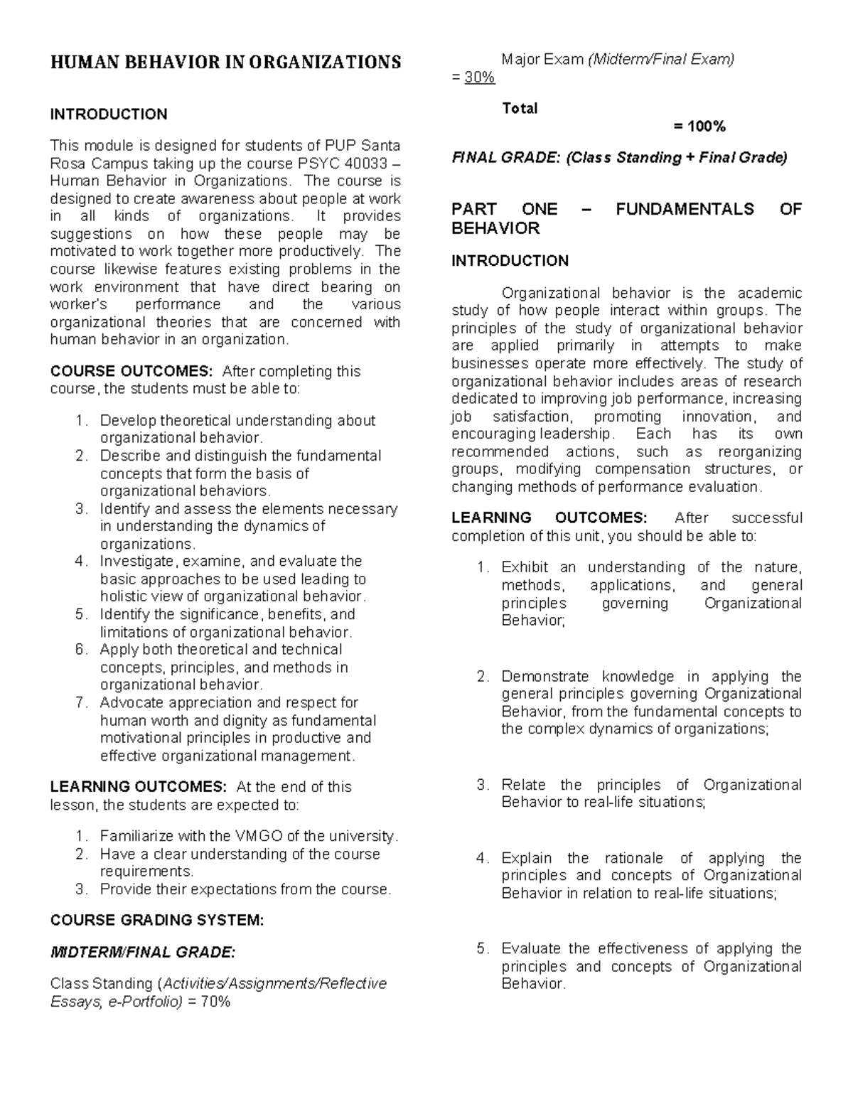 HBO lessons - HUMAN BEHAVIOR IN ORGANIZATIONS INTRODUCTION This module ...