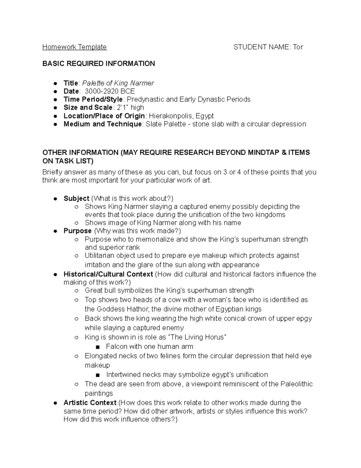 AAH 101 Homework 3 Palette of King Narmer - Homework Template STUDENT ...