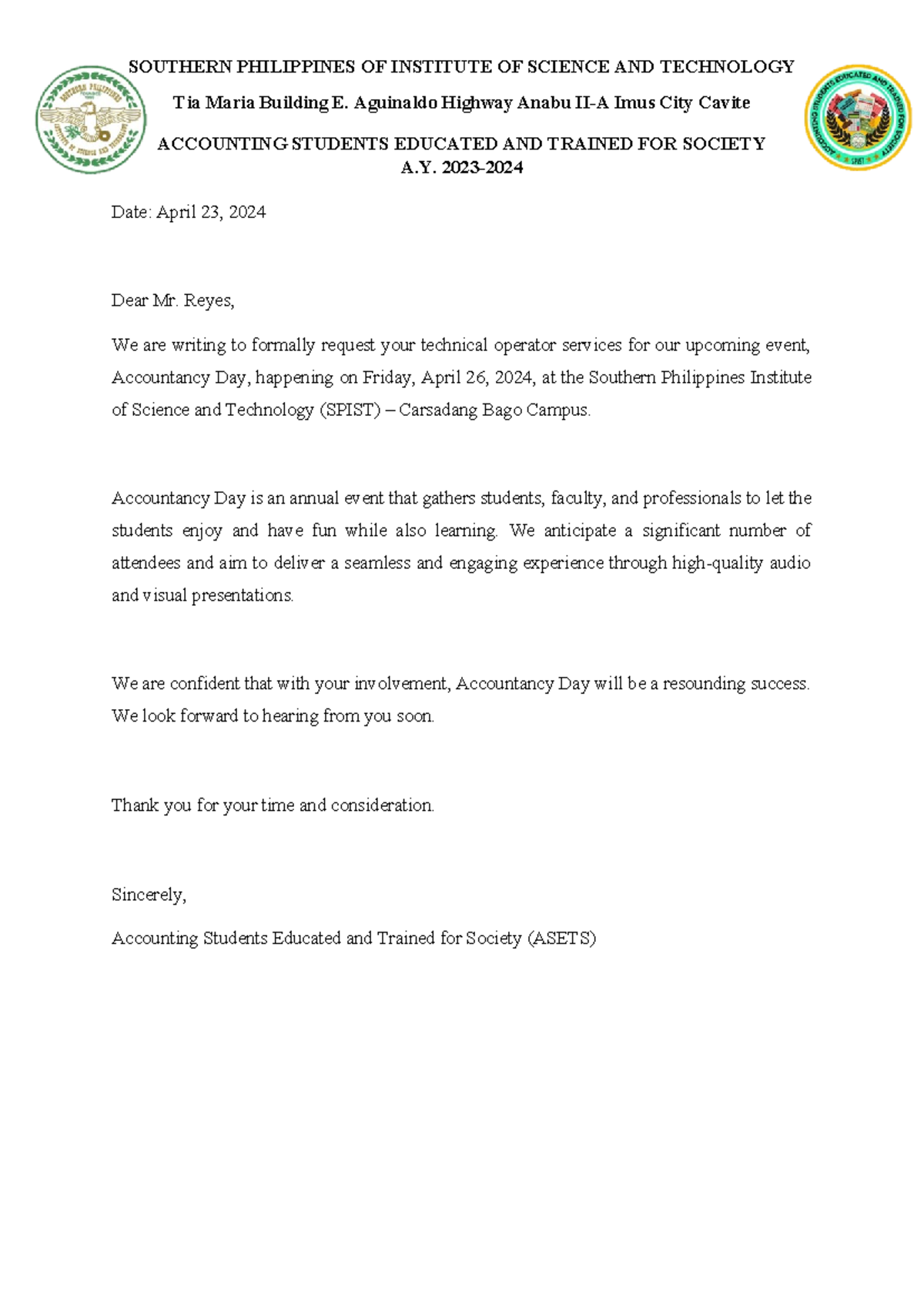 Request Letter - Reyes - SOUTHERN PHILIPPINES OF INSTITUTE OF SCIENCE AND TECHNOLOGY Tia Maria ...