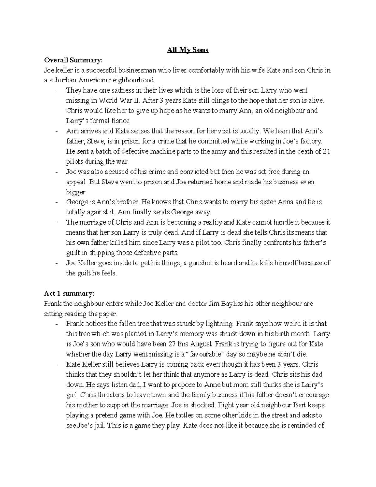All my sons notes -2 - All My Sons Overall Summary: Joe keller is a ...