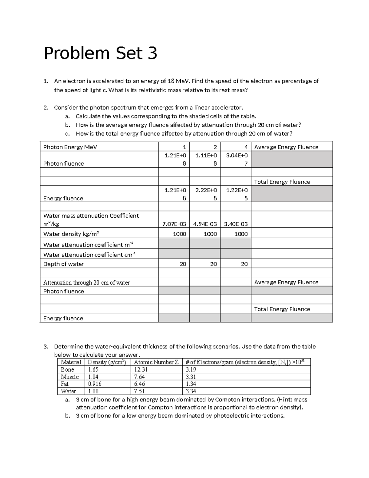 PS3 - practice problem set - Problem Set 3 1. An electron is accelerated to an energy of 18 MeV ...