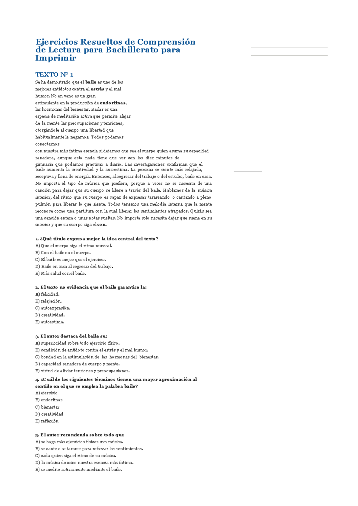 Ejercicios de Comprensión de Lectura para Bachillerato para Imprimir Razonamiento Verbal - - Studocu