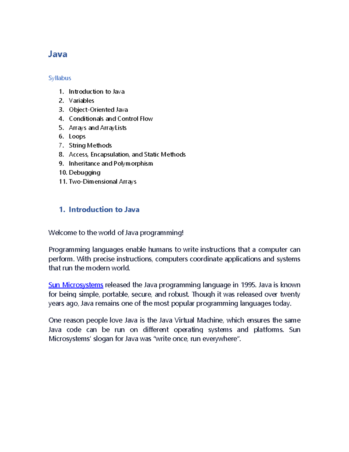 Guía Java 1-Introducción a Java - Java Syllabus 1. Introduction to Java 2. Variables 3. - Studocu