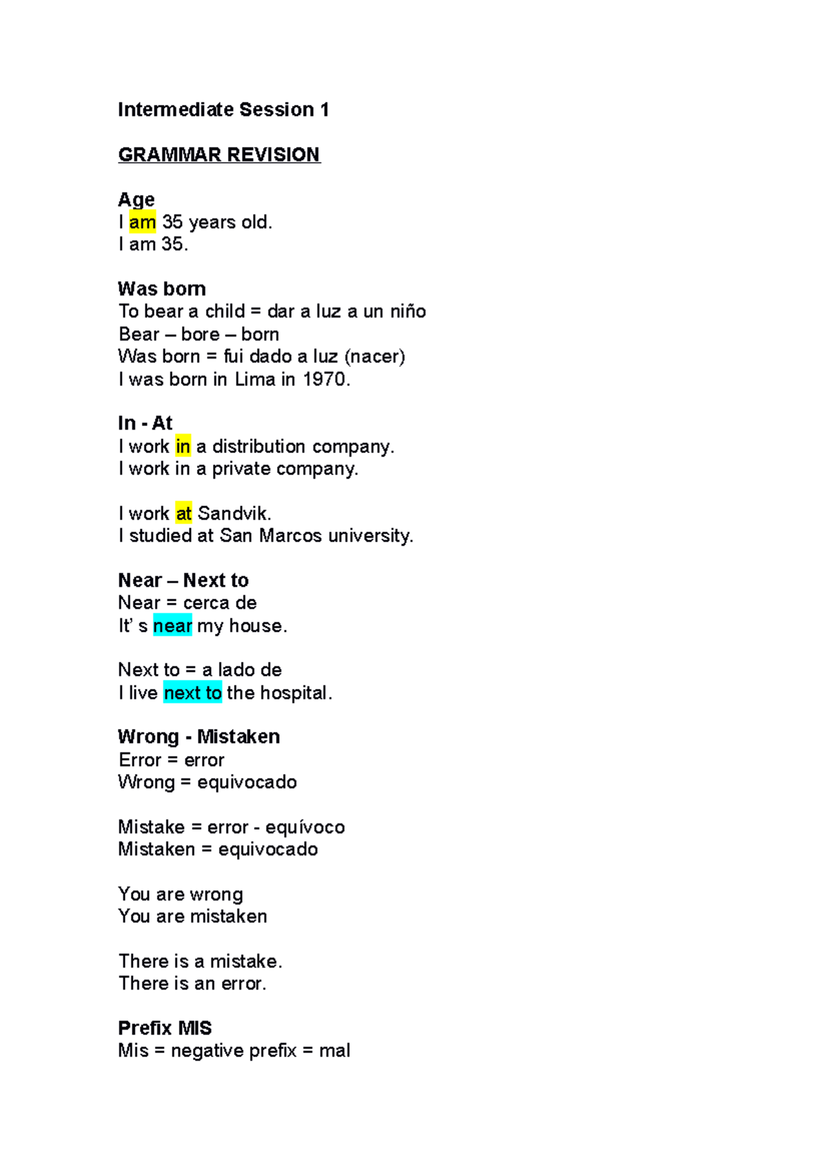 Intermediate B Session 1 - Intermediate Session 1 GRAMMAR REVISION Age ...