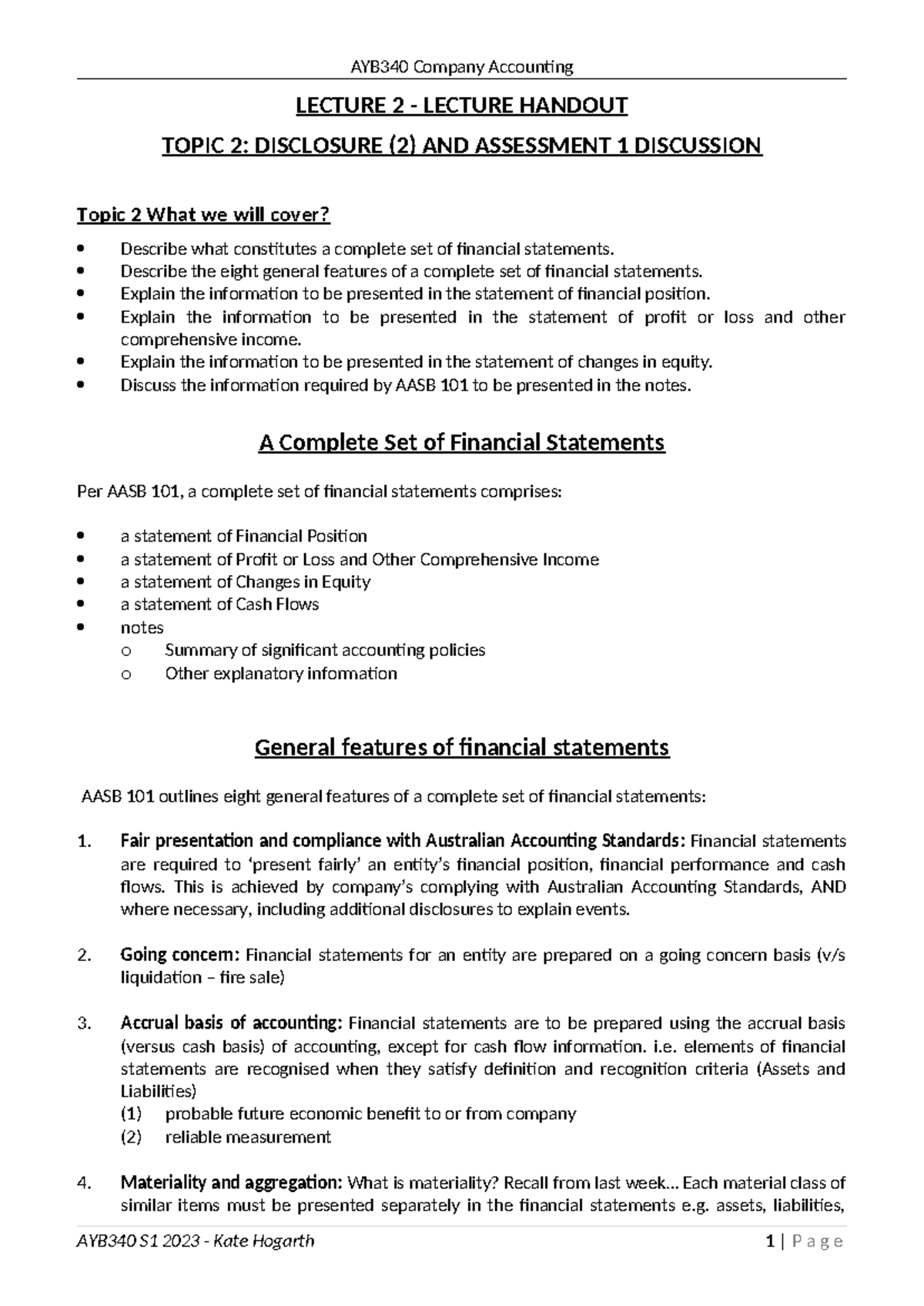 AYB340 S1 2024 Lecture 2 - Handout - LECTURE 2 - LECTURE HANDOUT TOPIC 2: DISCLOSURE (2) AND ...