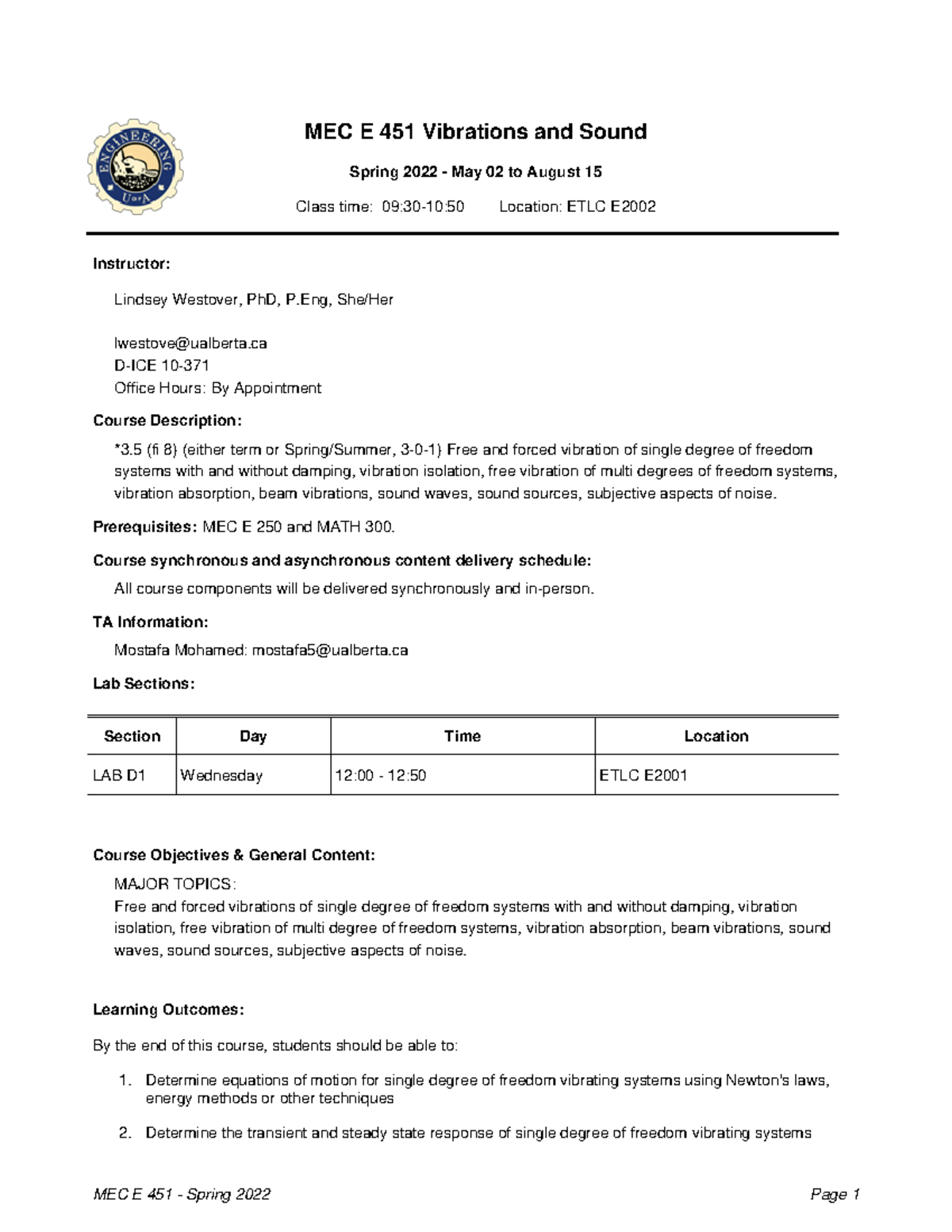 S2022 MECE 451 Syllabus - MEC E 451 Vibrations and Sound Spring 2022 - May 02 to August 15 Class ...