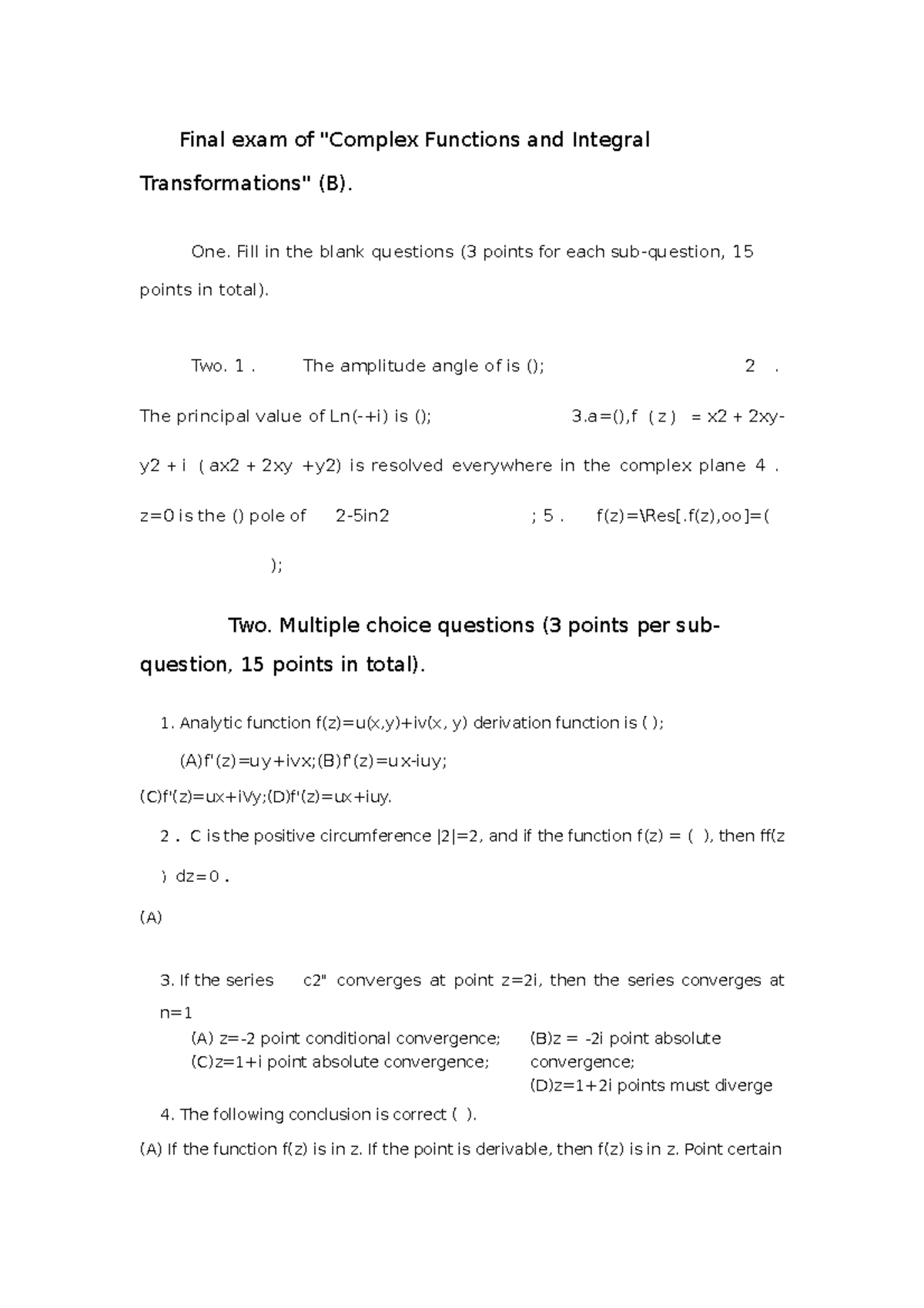Complex Functions And Integral Transformations Final Exam Of Complex