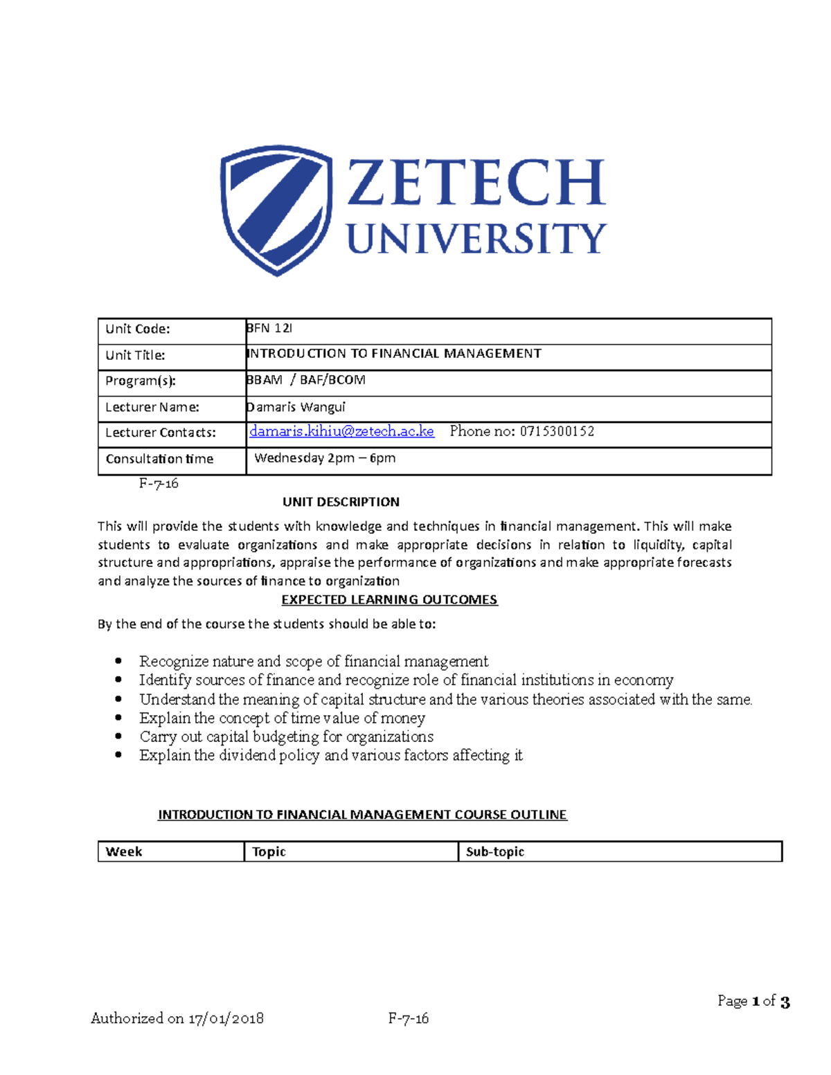 Introduction to Financial Management course outline - Unit Code: BFN ...
