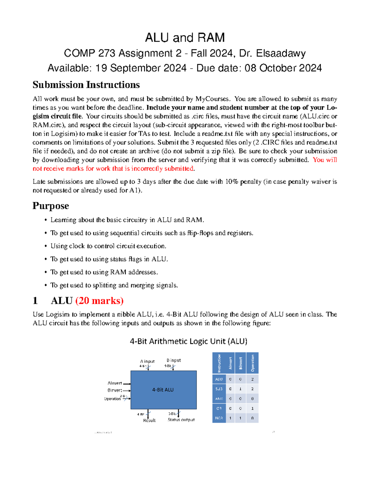 COMP273 A2 Fall24-v2 - Purpose • Learning about the basic circuitry in ALU and RAM. • To get ...