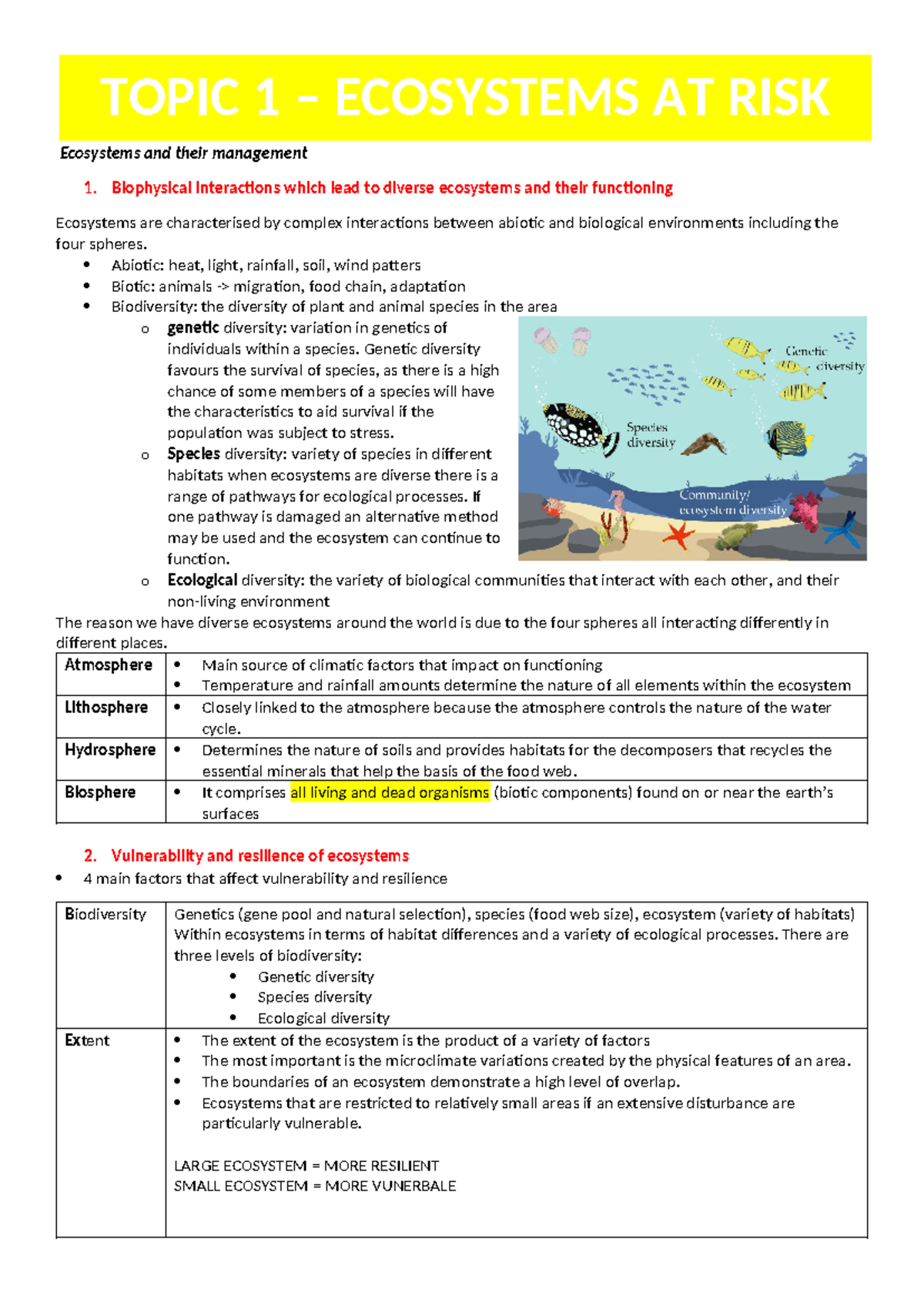 Topic 1 - Ecosystems AT RISK assignment task 1 - Ecosystems and their ...
