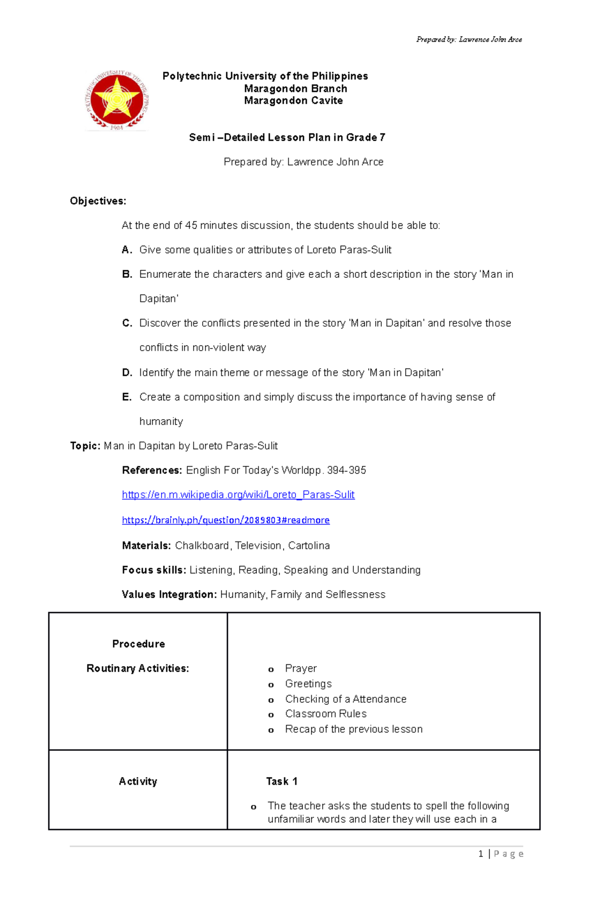 Semi-Detailed Lesson in Grade 7 English - Polytechnic University of the ...