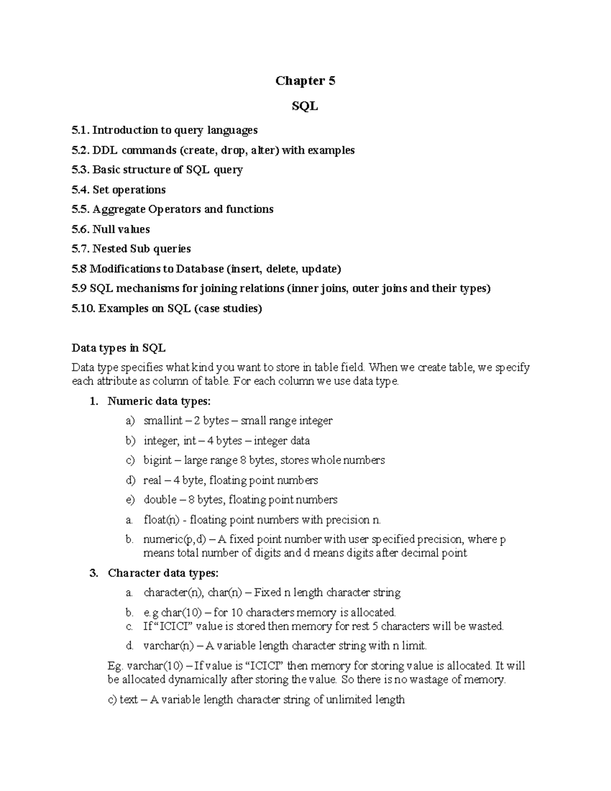 Sql Notes Chapter 5 Sql Introduction To Query Languages Ddl Commands