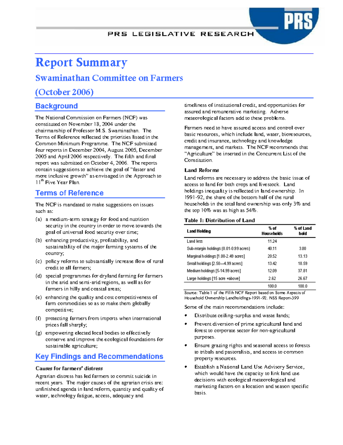 NCF Report Summarized PRS - Report Summary Swaminathan Committee on ...