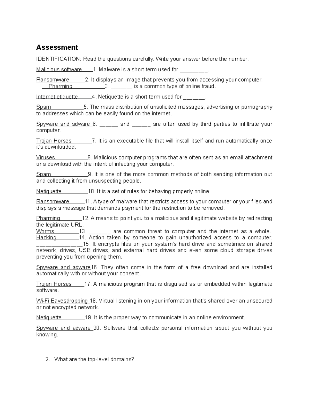 Assessment 2 - answer - Assessment IDENTIFICATION: Read the questions ...