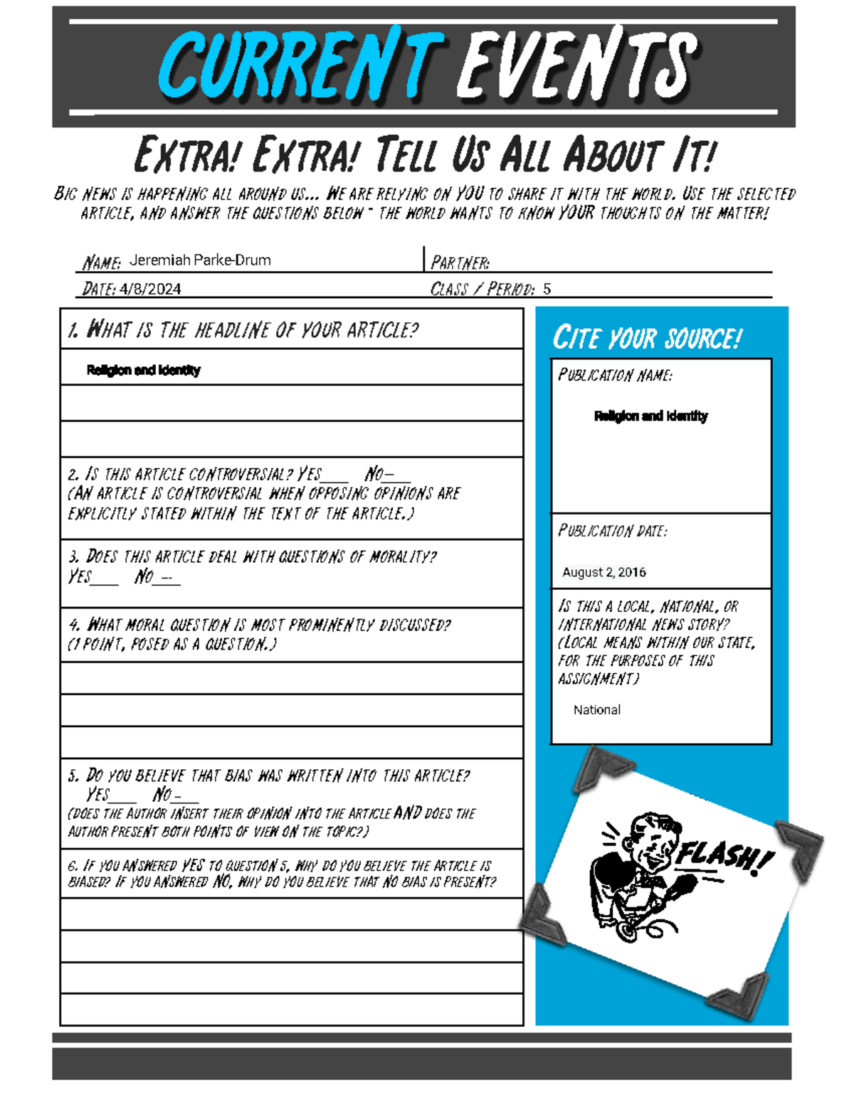 Jeremiah Parke-DRUM - currenteventsworksheet - CURRENT EVENTS Big news ...