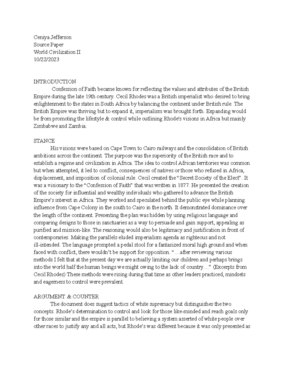 Source Paper #3 - Ceniya Jefferson Source Paper World Civilization II ...