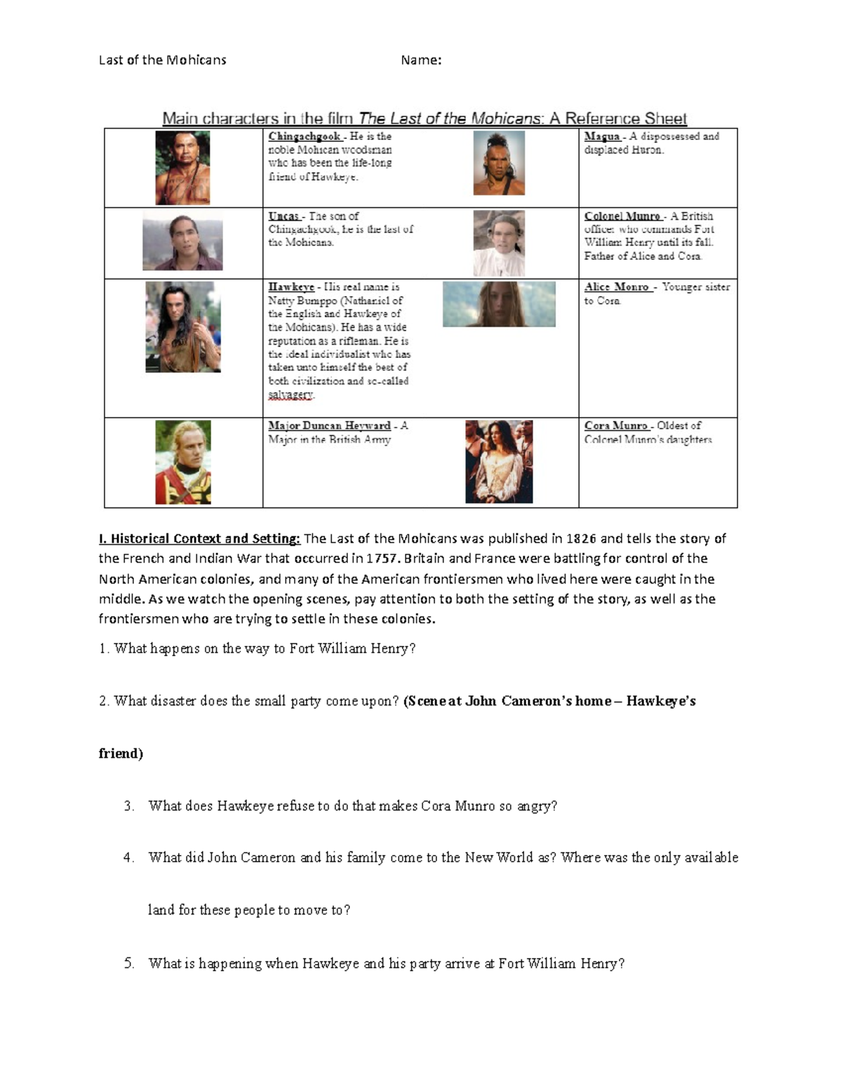 Edited Lastofthe Mohicans - Last of the Mohicans Name: I. Historical ...